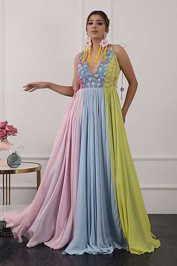 Buy KIRAN KALSI Multi Color Chiffon Floral Embroidered Bodice Gown ...