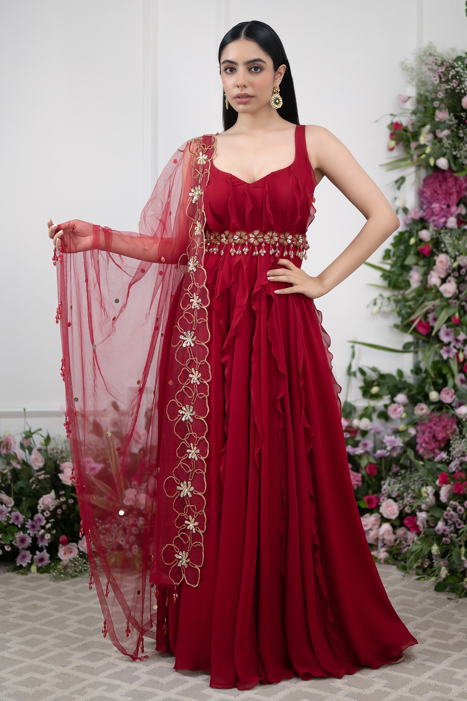 Buy Red Anarkali: Georgette Embroidered Dupatta Floral Tear Ruffled ...