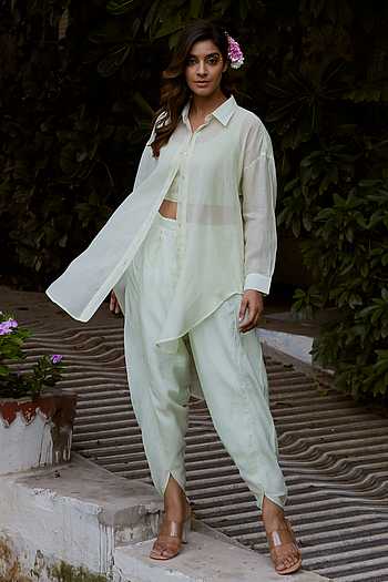 Buy Green Chanderi Cotton Embroidery Flora Back Shirt Tulip Pant Set ...