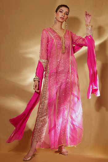 Buy Pink Organza Embroidered Gulabo Rani Sheer A-line Kurta Pant Set ...
