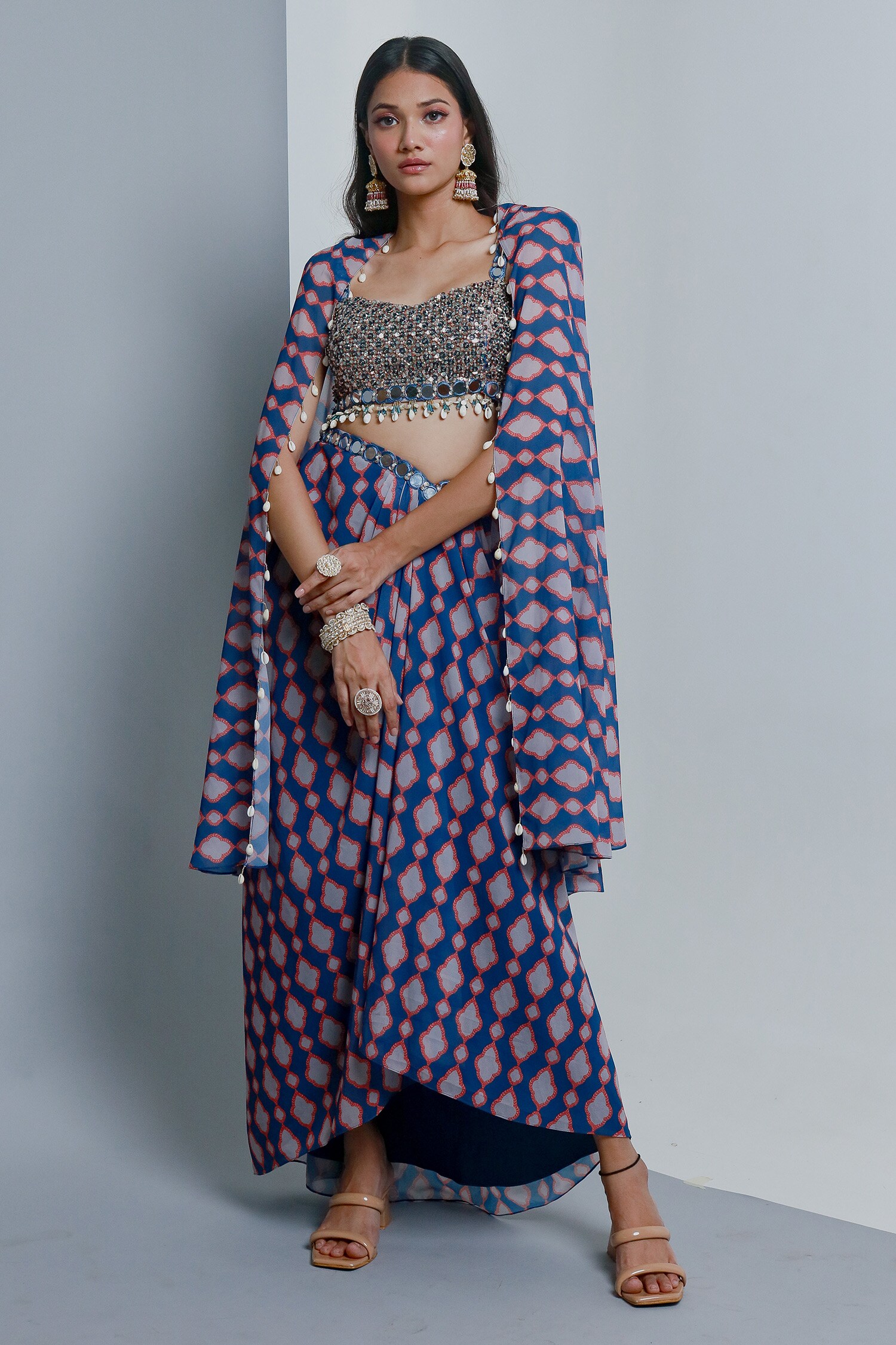 Buy Ria Shah Label Blue Poly Georgette Embellished Motif Pattern Cape ...