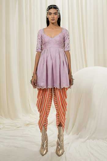 Buy Ease Purple Satin Organza Embroidered Peplum Dhoti Pant Set Online ...