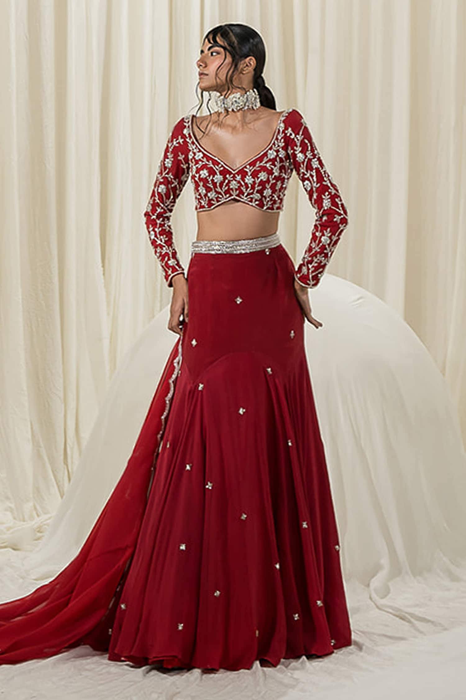 Buy Ease Maroon Pure Crepe Jaal Embroidered Lehenga Set Online | Aza ...