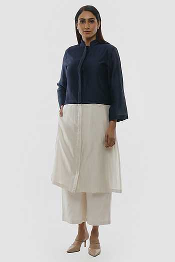 Buy KHAT Blue Chanderi Cotton Silk Color Block Shirt Dress And Pant Set ...