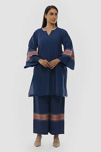 Buy Blue Handwoven Cotton Stripe Pattern Notched Tunic And Pant Set For ...