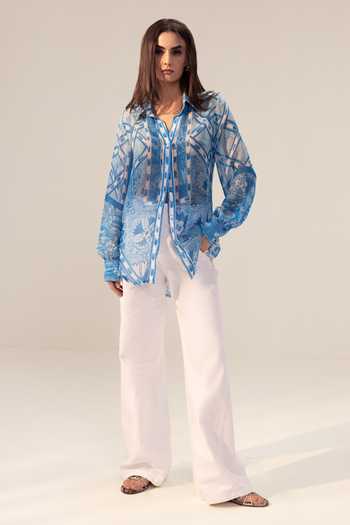 Buy REENA SHARMA Blue Bemberg Georgette Aisha Floral Bouquet Print ...