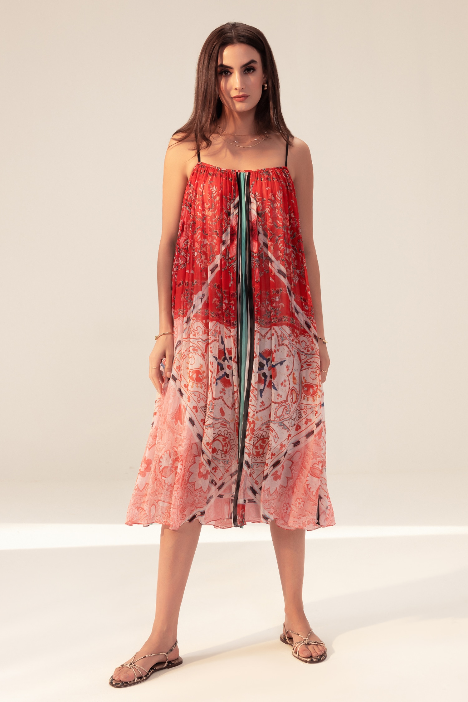 Buy REENA SHARMA Red Bemberg Chiffon Samara Paisley Print Strappy Dress ...