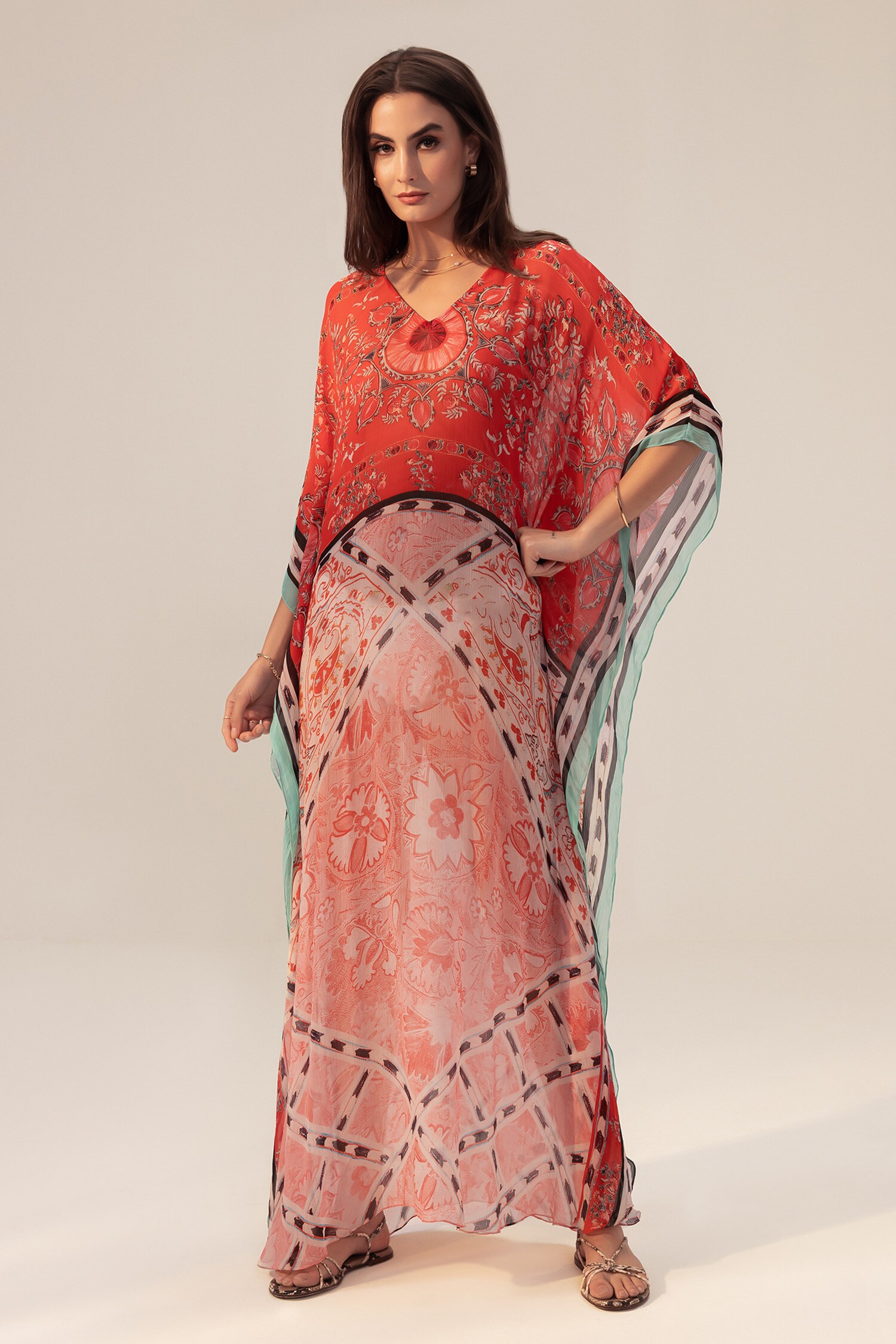 Buy Red Bemberg Georgette Printed Paisley V-neck Samara Blossom Kaftan ...