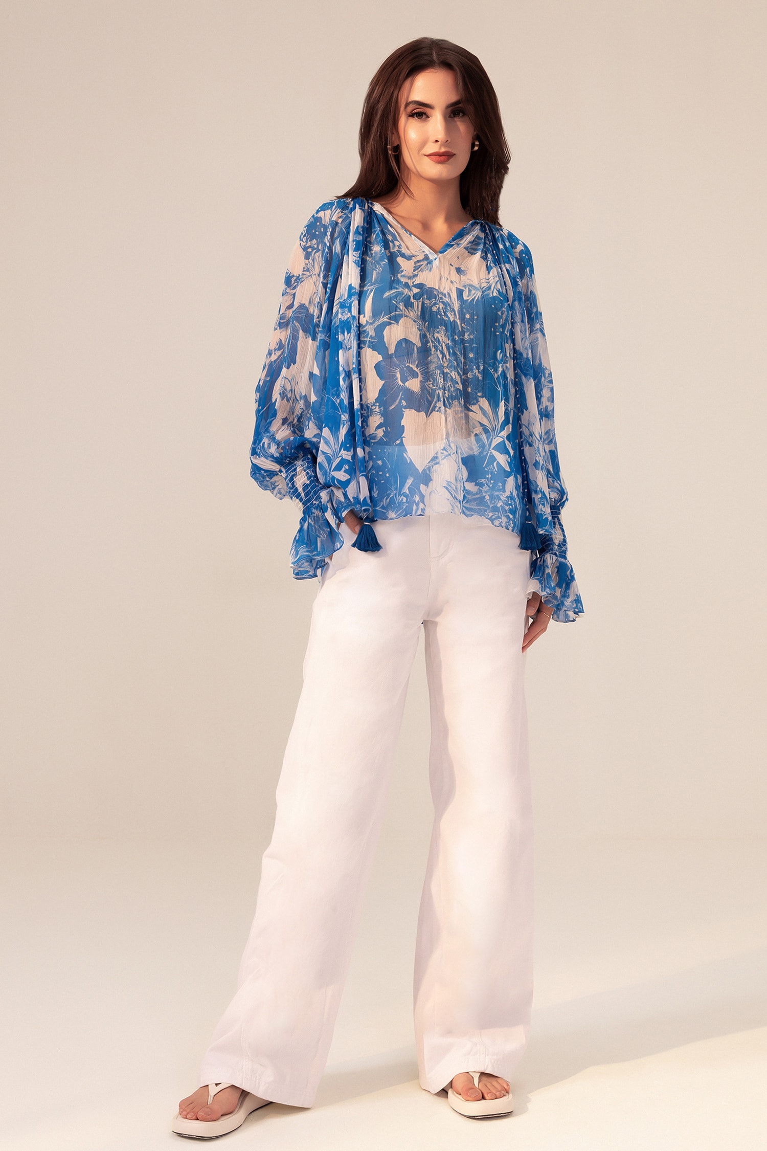 Buy Blue Bamberg Chiffon Printed Floral V Neck Azure Top For Women by ...