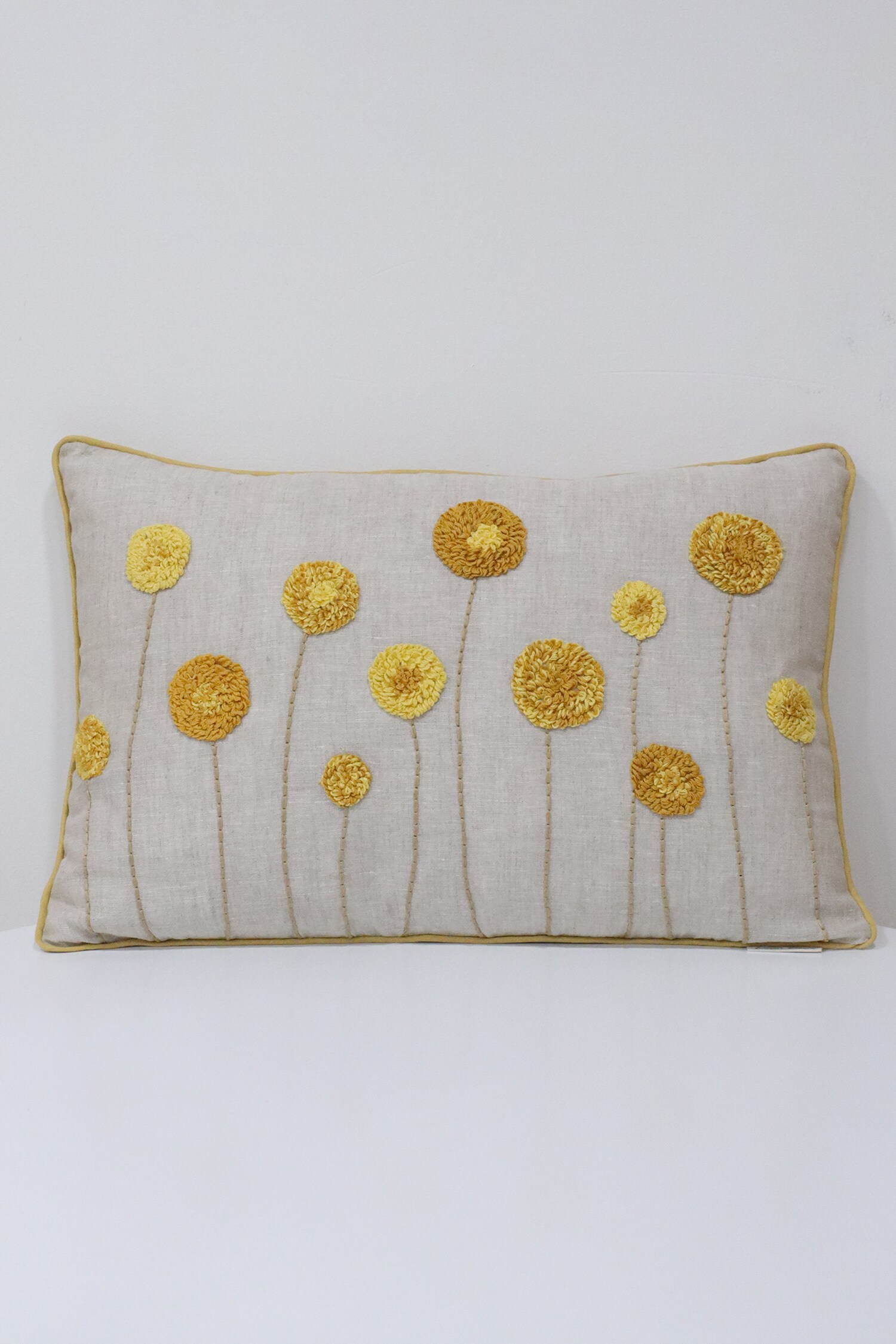 Buy Beige 100% Pure Linen Thread Tufted Embroidered Marigold Cushion by ...