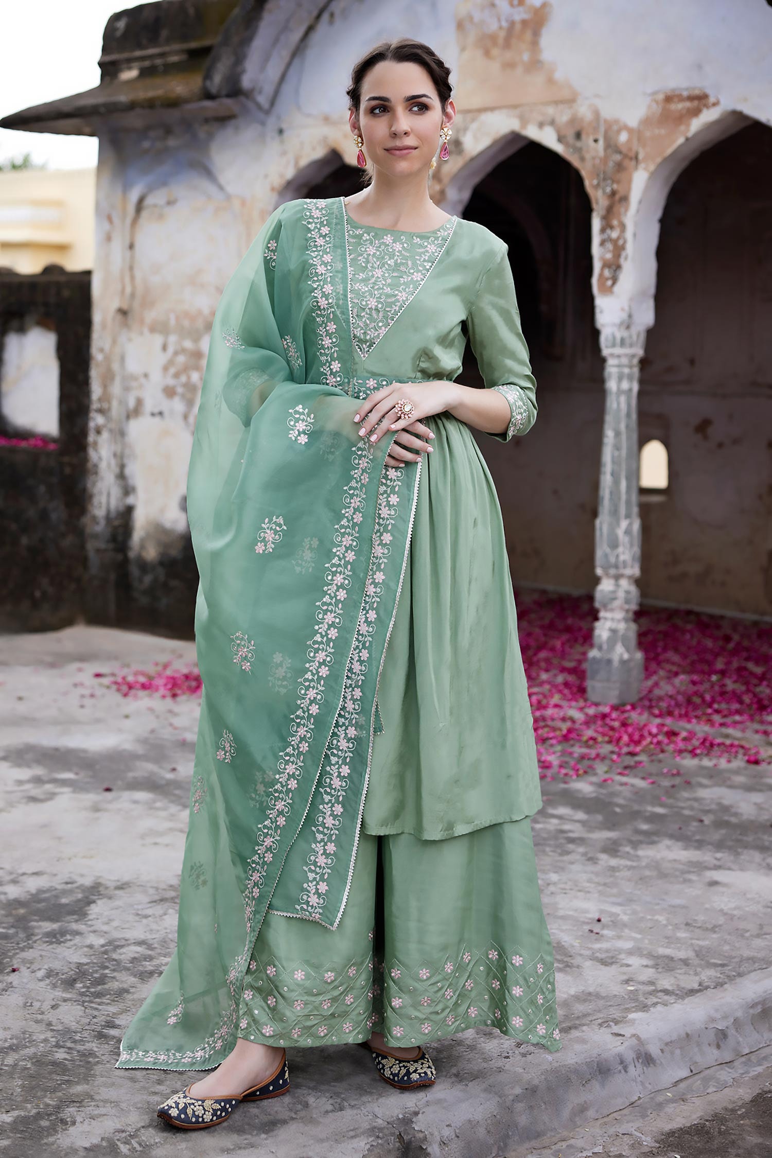 Buy Green Muslin Silk Embroidered Floral Round Nida Kurta Sharara Set ...