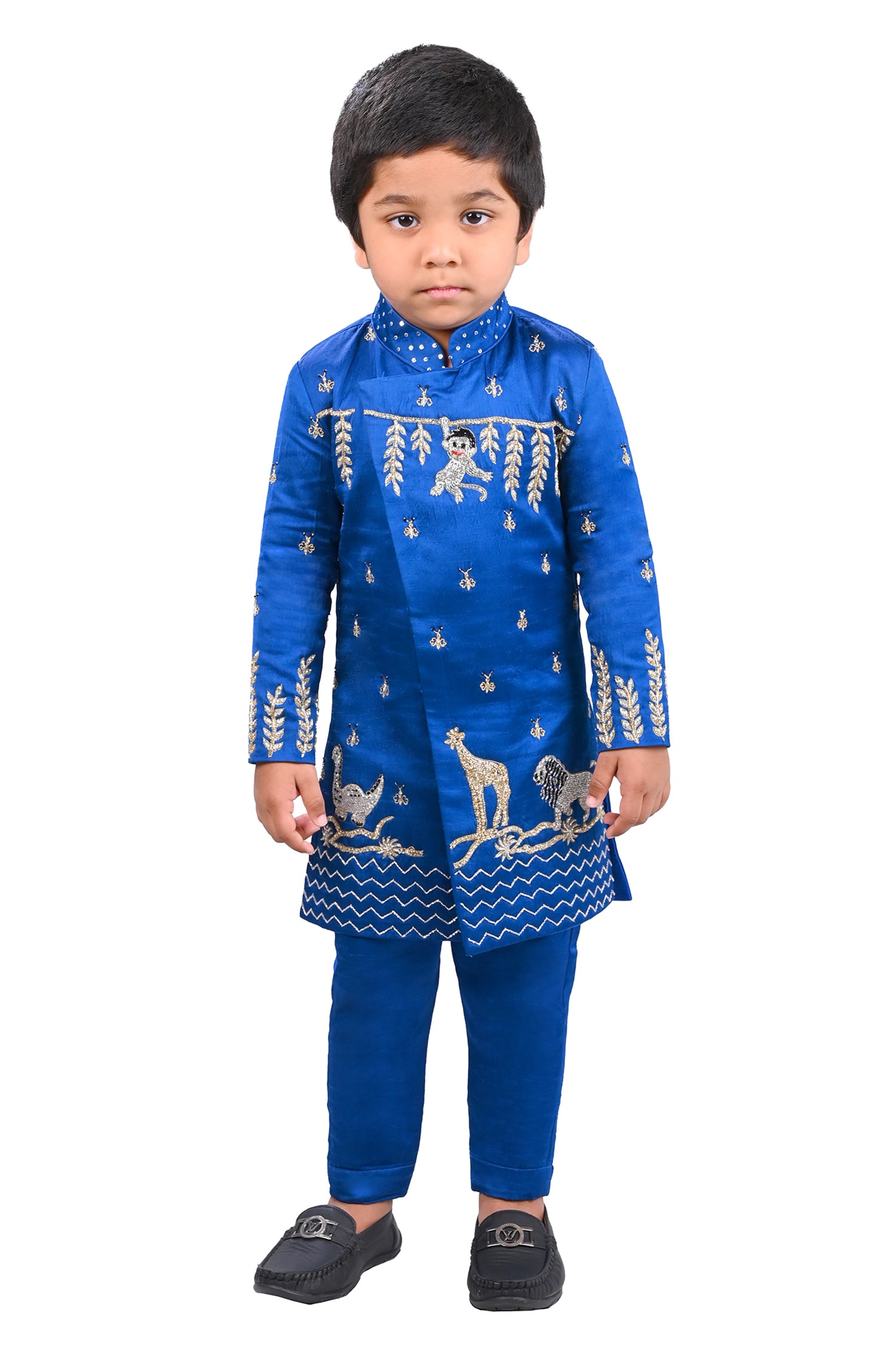 Buy Lakshmi Reddy Blue Animal Motif Embroidered Sherwani Set For Boys ...