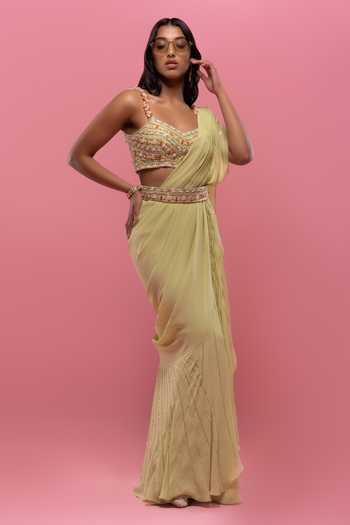 Buy Green Saree: Georgette Embroidery Pearls Sweetheart Neck Nalki Set ...