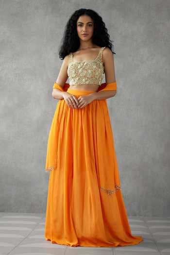 Buy Zamoraa The Label Orange Nalki Embroidered Blouse Lehenga Set ...