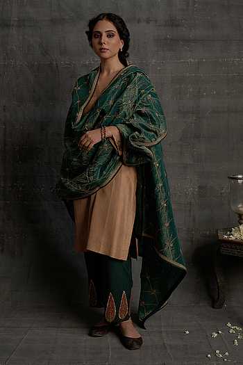 Buy Beige Kurta: Raw Silk Applique Embroidered Resham Nazakat Pant Set ...