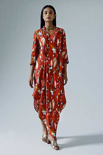 Buy KLAD Red Satin Printed Draped Dress Online | Aza Fashions
