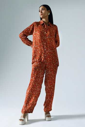Buy Red Satin Printed Wave Collared Button Down Shirt Pant Set For ...
