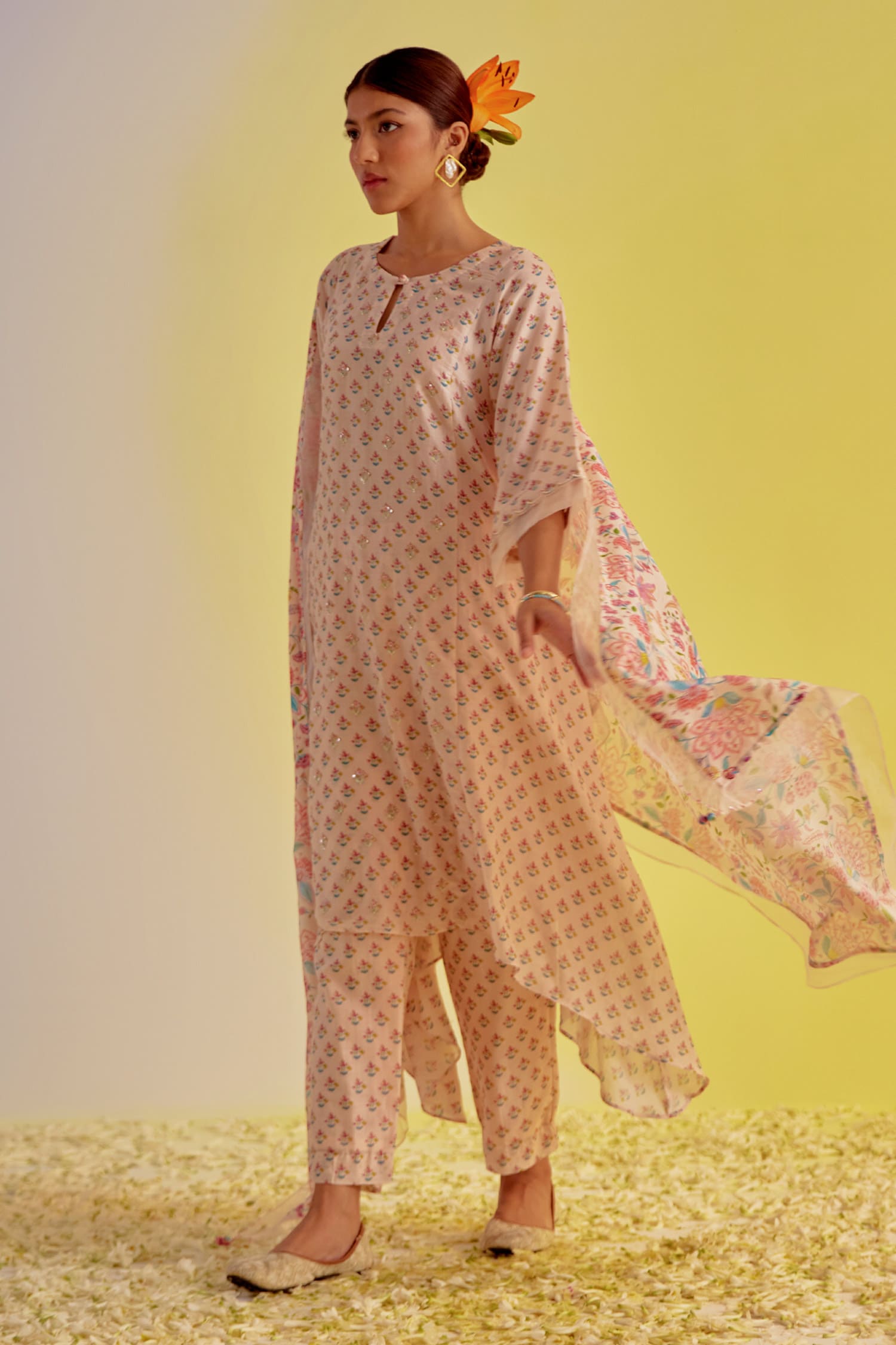 Buy Pink Chanderi Printed Floral Round Mishal A-line Digital Kurta Pant ...