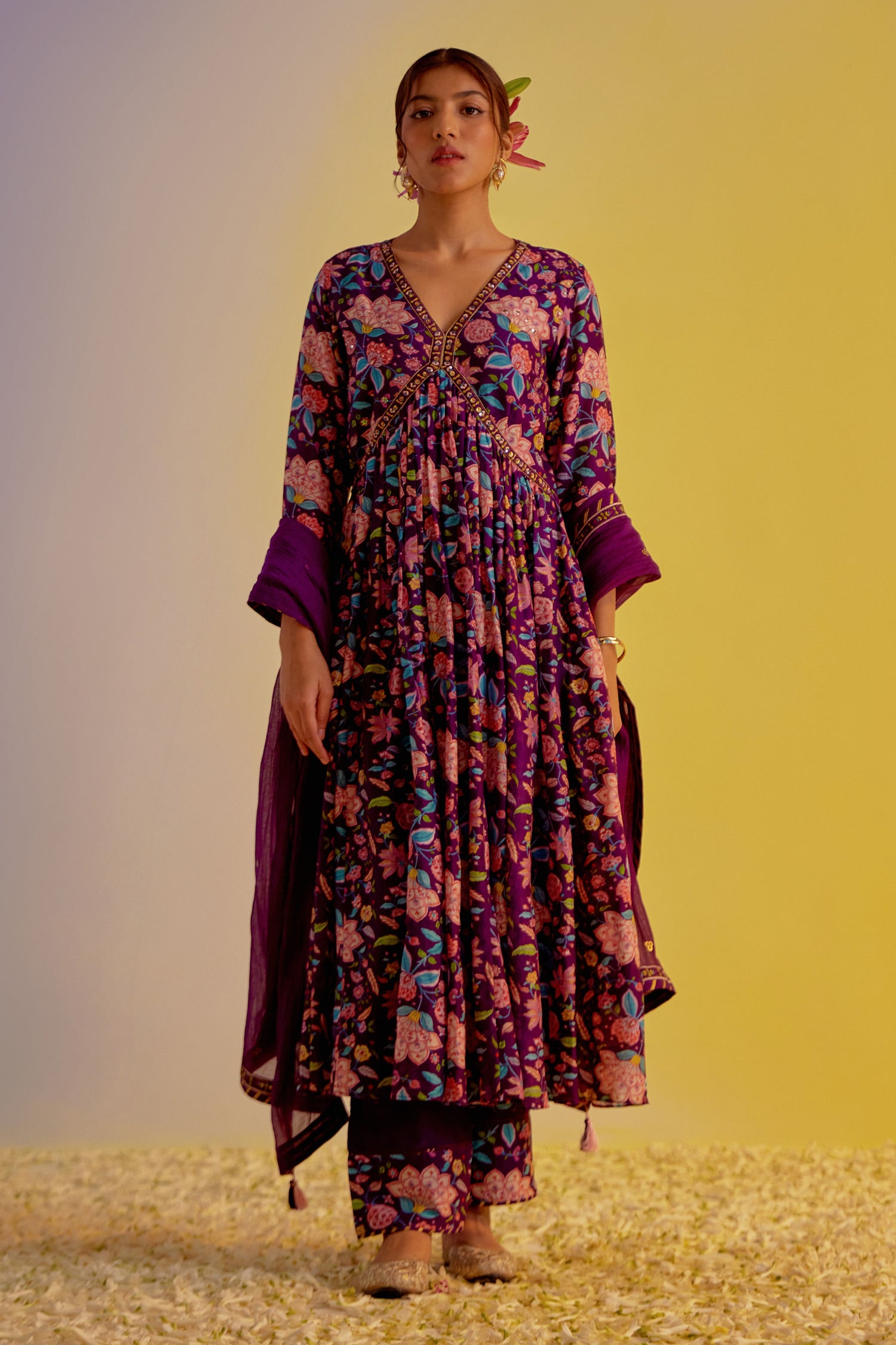 Buy Purple Chanderi Printed Floral V Neck Zoya Anarkali Pant Set For ...