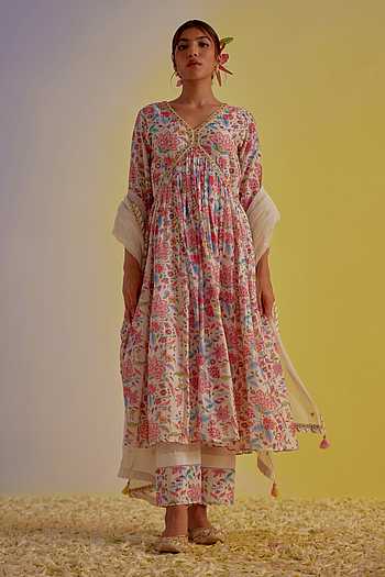 Buy Ivory Chanderi Printed Floral V Neck Zoya Digital Anarkali Pant Set ...