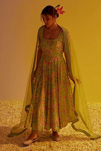 Buy Green Chanderi Printed Floral Scoop Parizad Digital Anarkali Pant ...