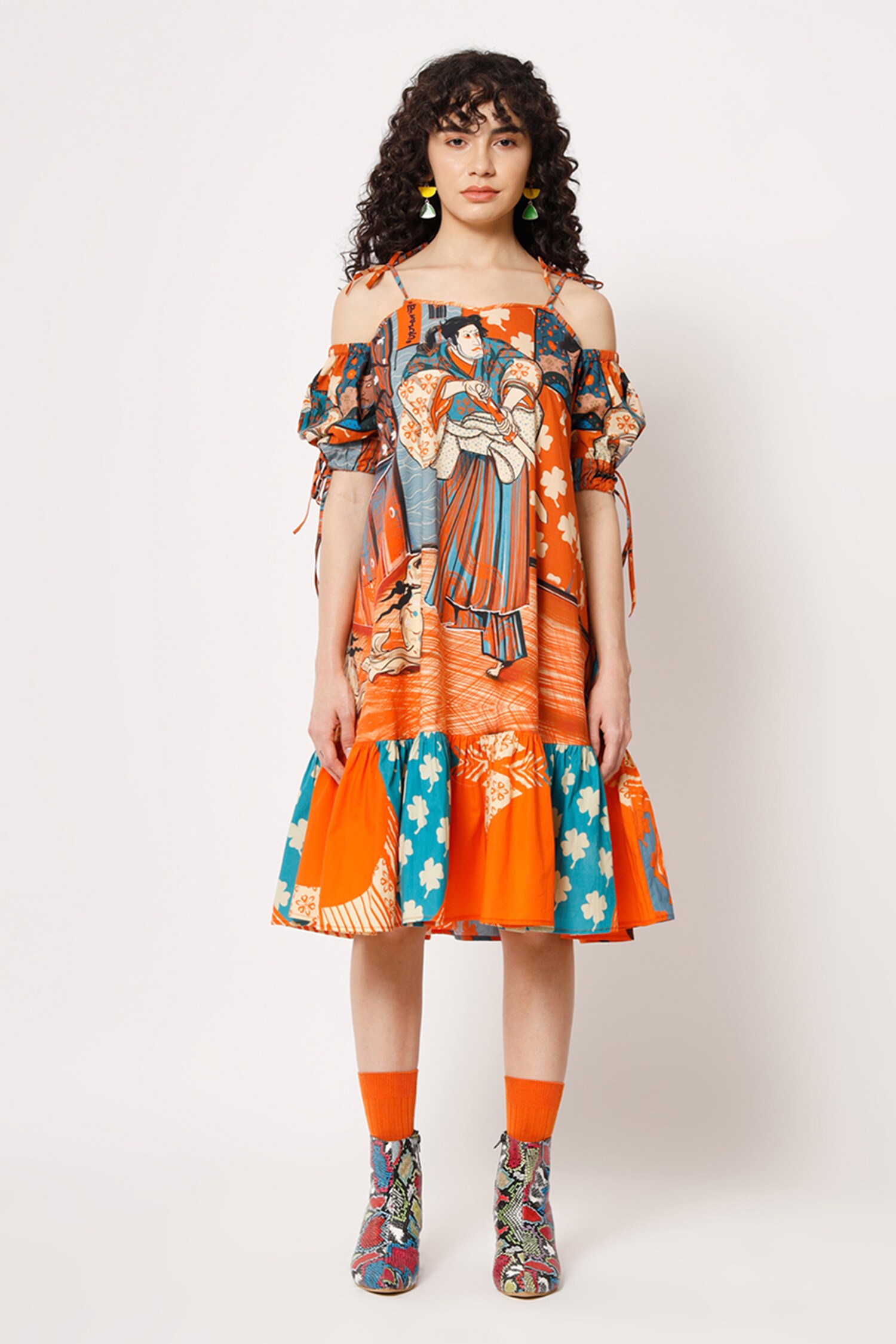 Buy Two Point Two Orange Cotton Poplin Michi Samurai Full Body Print ...