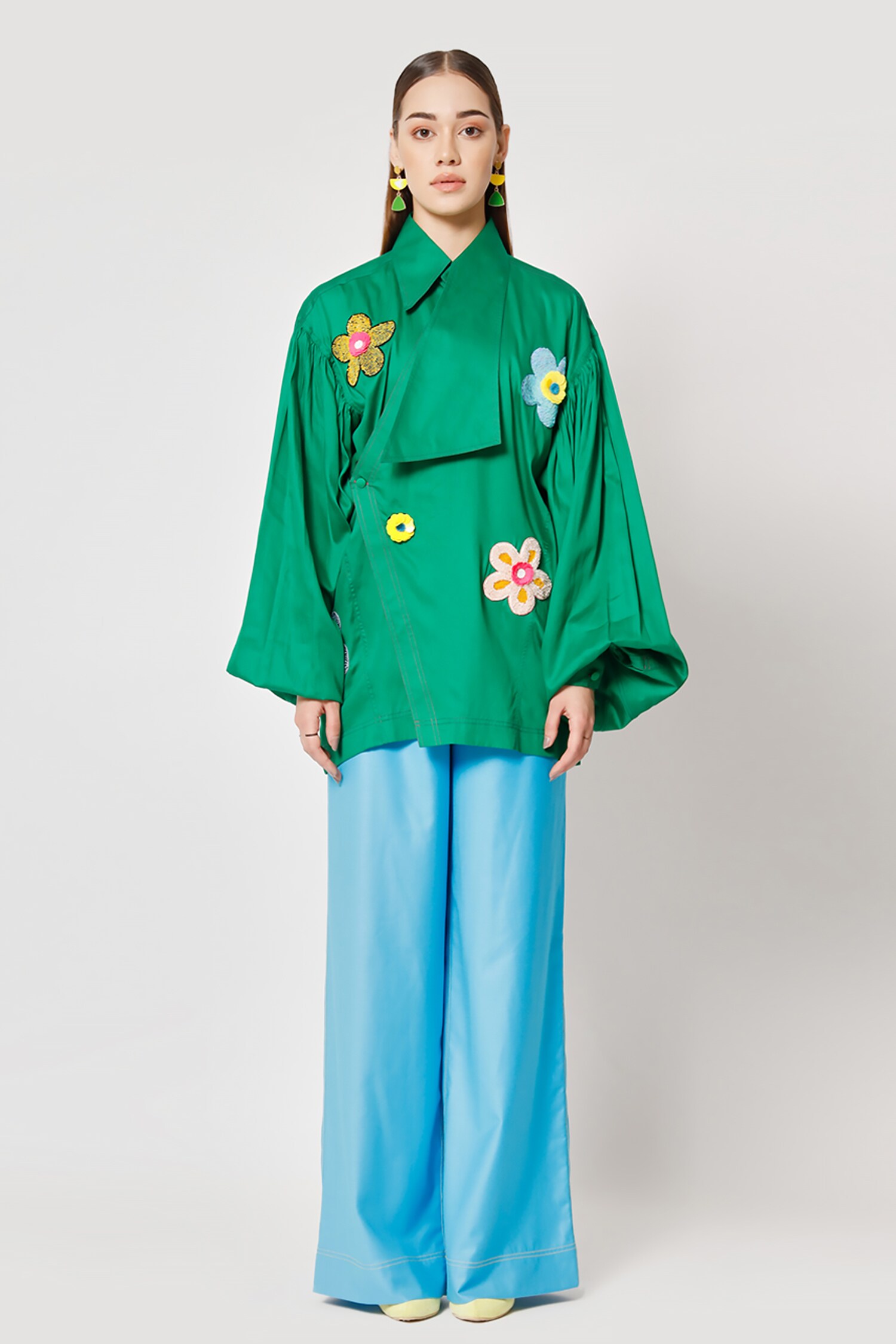 Buy Two Point Two Green Cotton Poplin Tombo Embroidered Wrap Shirt ...
