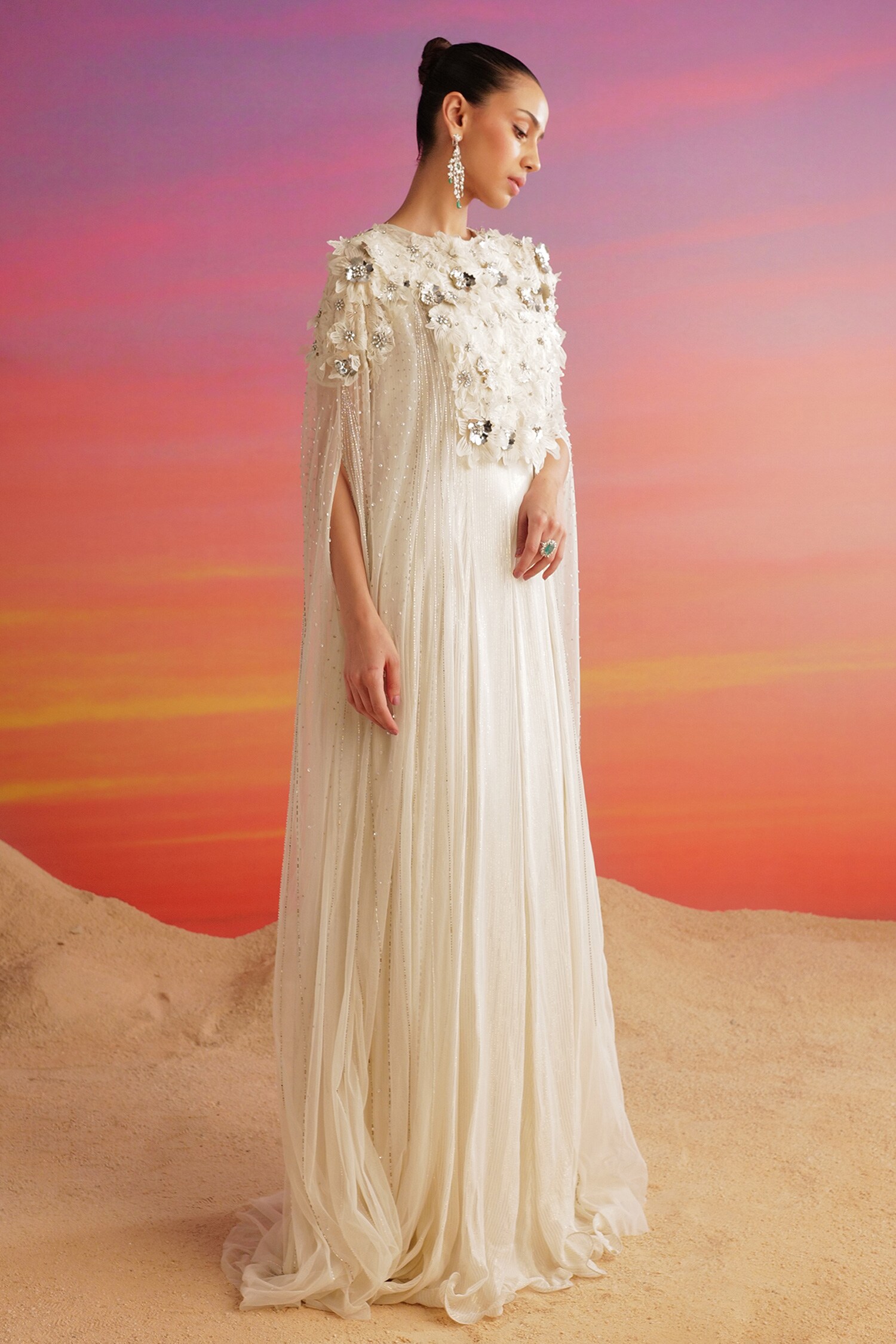 Buy Ivory Georgette Embellished 3d Tulip Round Valeria Cape With Gown ...