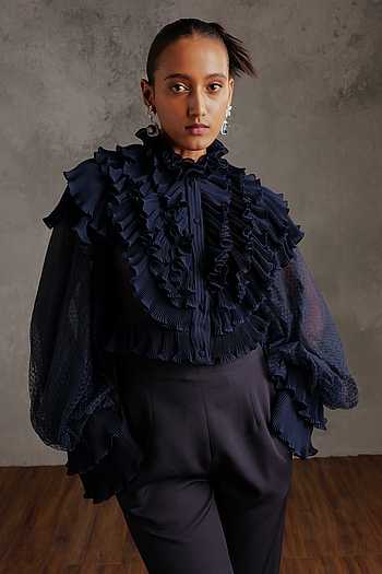 Buy Blue Tulle Neck Sofia Accordion Pleated Top For Women by Not So ...