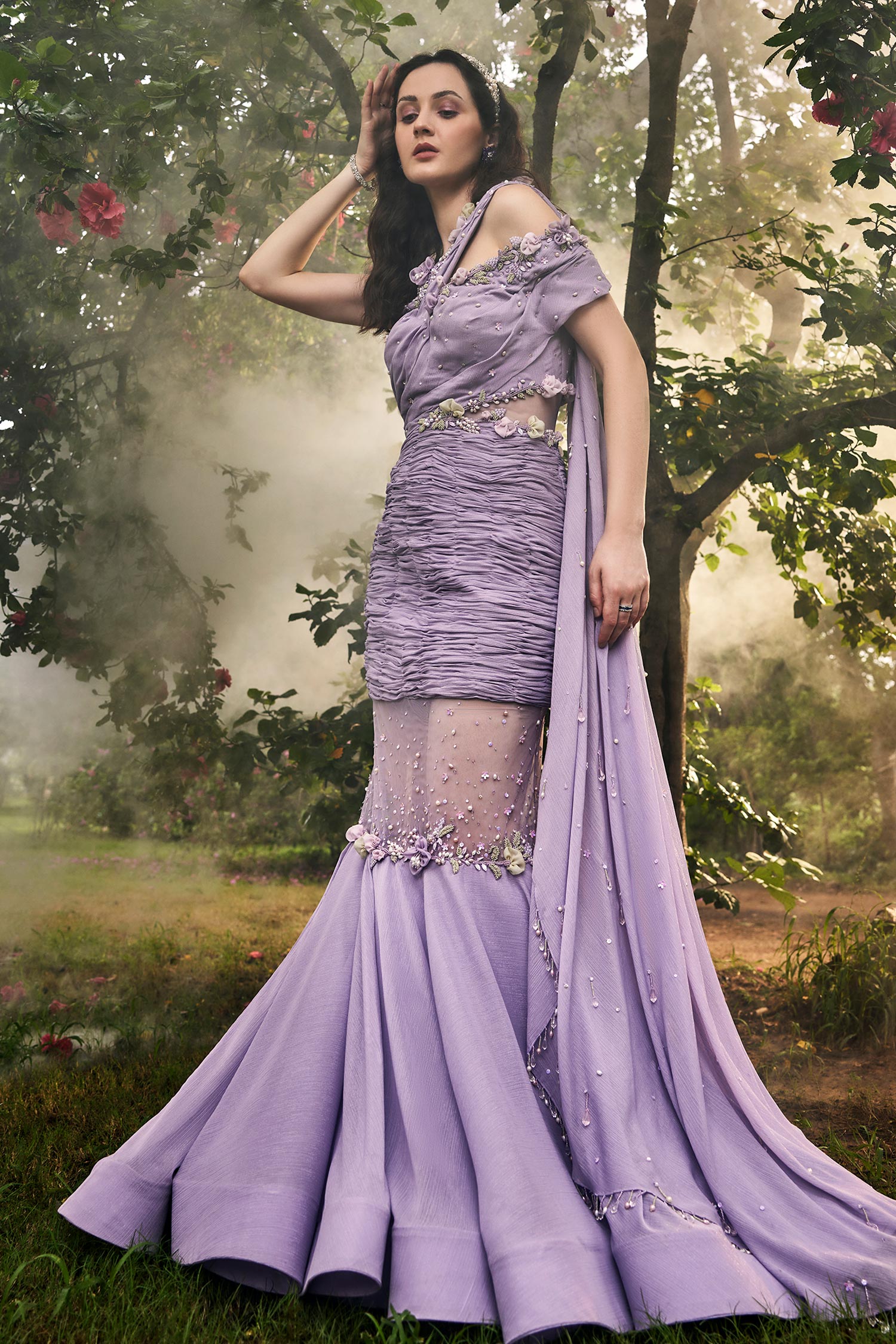 Buy BAYA Purple Georgette Embellished One-shoulder Gown Online | Aza ...