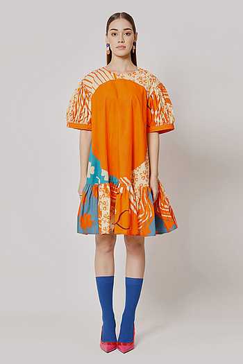 Buy Two Point Two Orange Cotton Poplin Mini Aiko Printed Tiered Dress ...