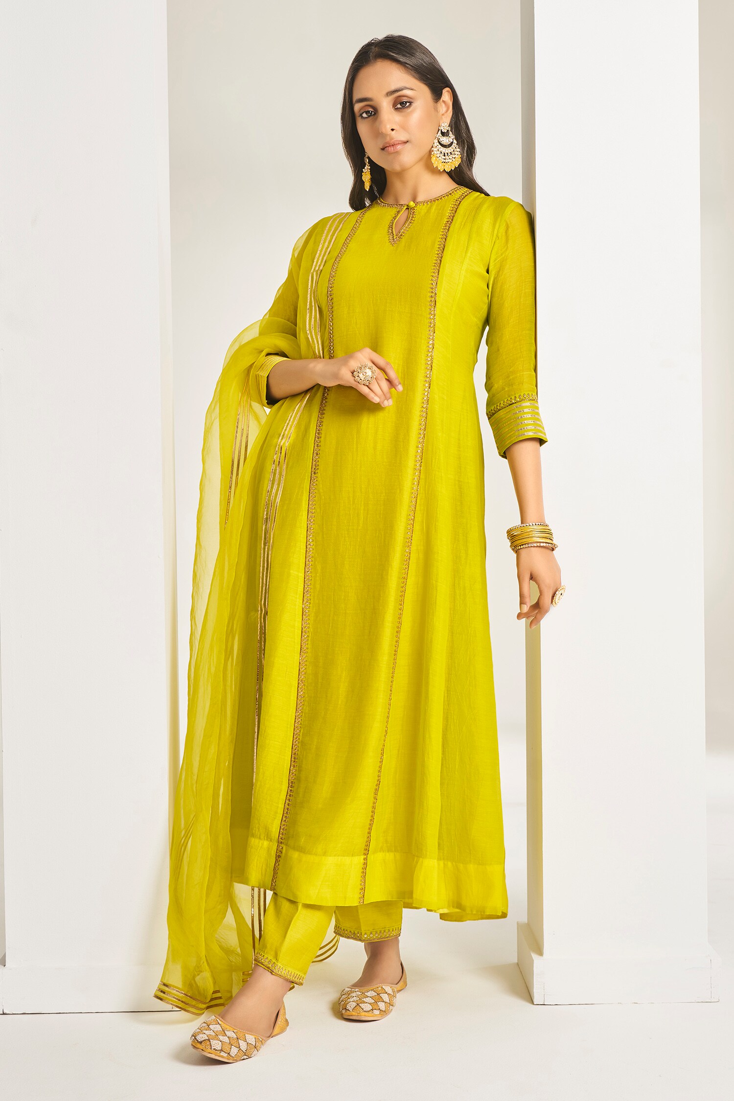 Buy Almaari by Pooja Patel Yellow Soft Chanderi Placement Sequin ...