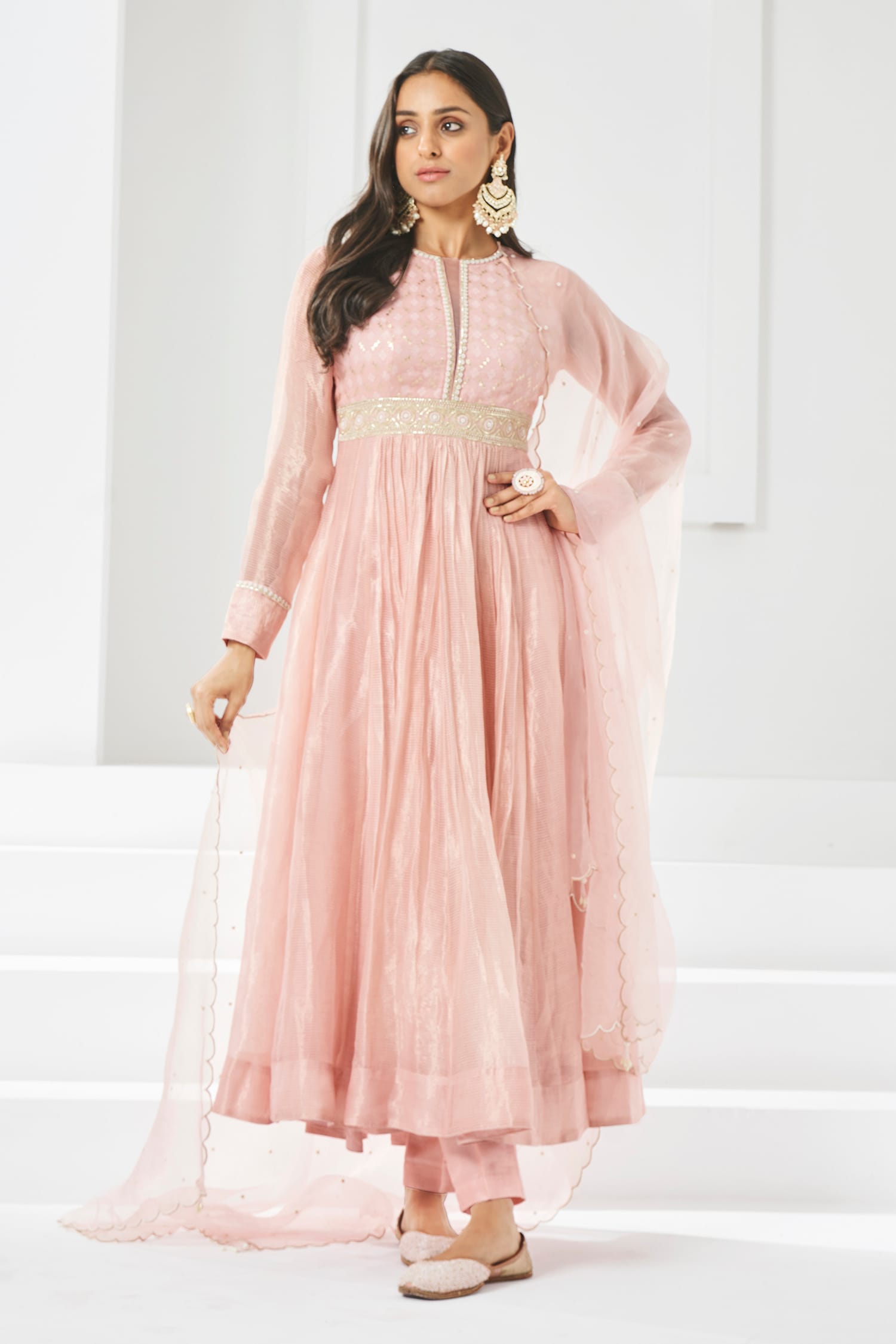 Buy Peach Soft Chanderi Embroidery Pita Pearl And Aari Anarkali Pant ...