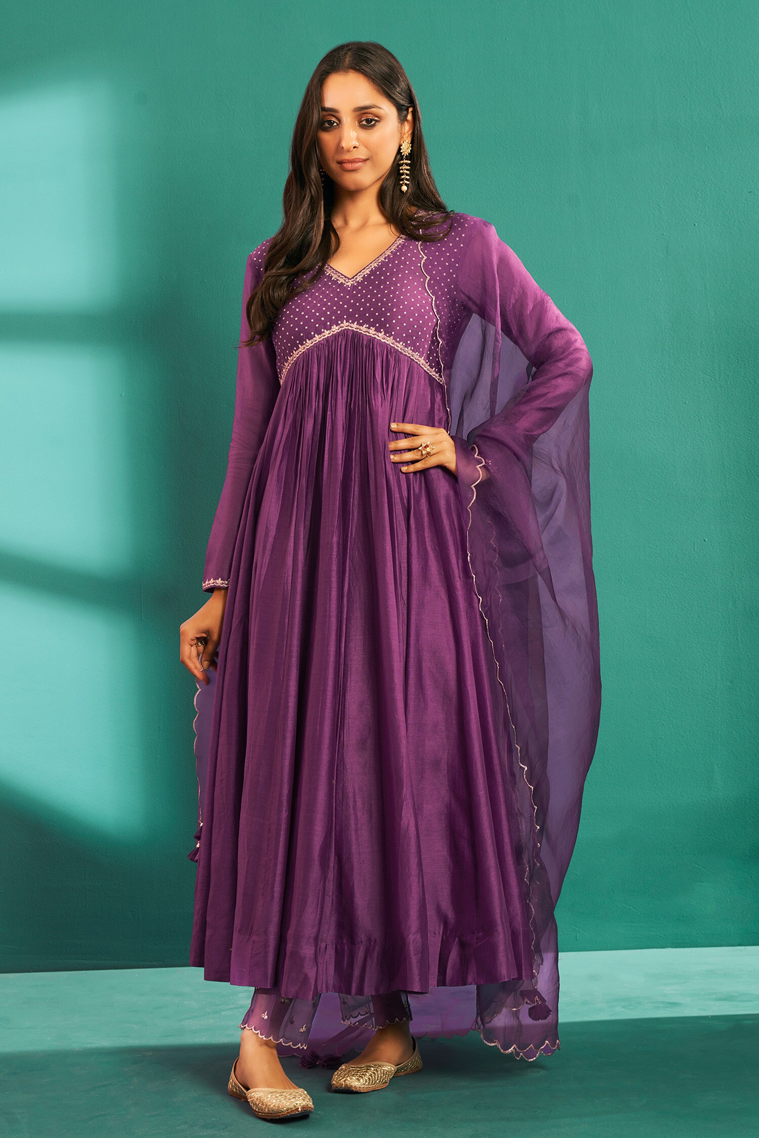 Buy Almaari by Pooja Patel Purple Chanderi Silk Pita Embroidered Yoke Anarkali Pant Set Online ...
