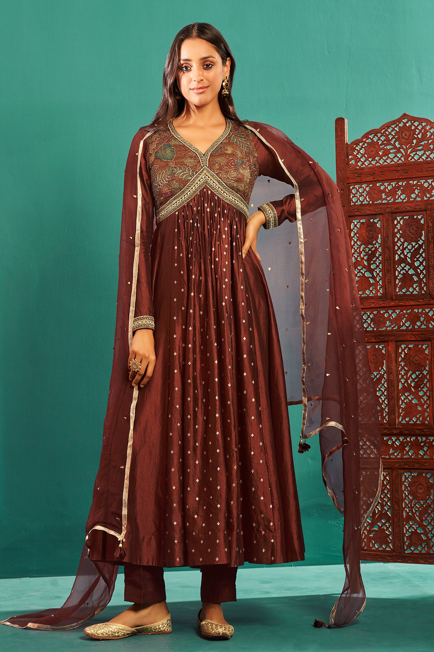 Buy Brown Anarkali: Chiniya Silk Floral Kalamkari Pattern Yoke Pant Set ...