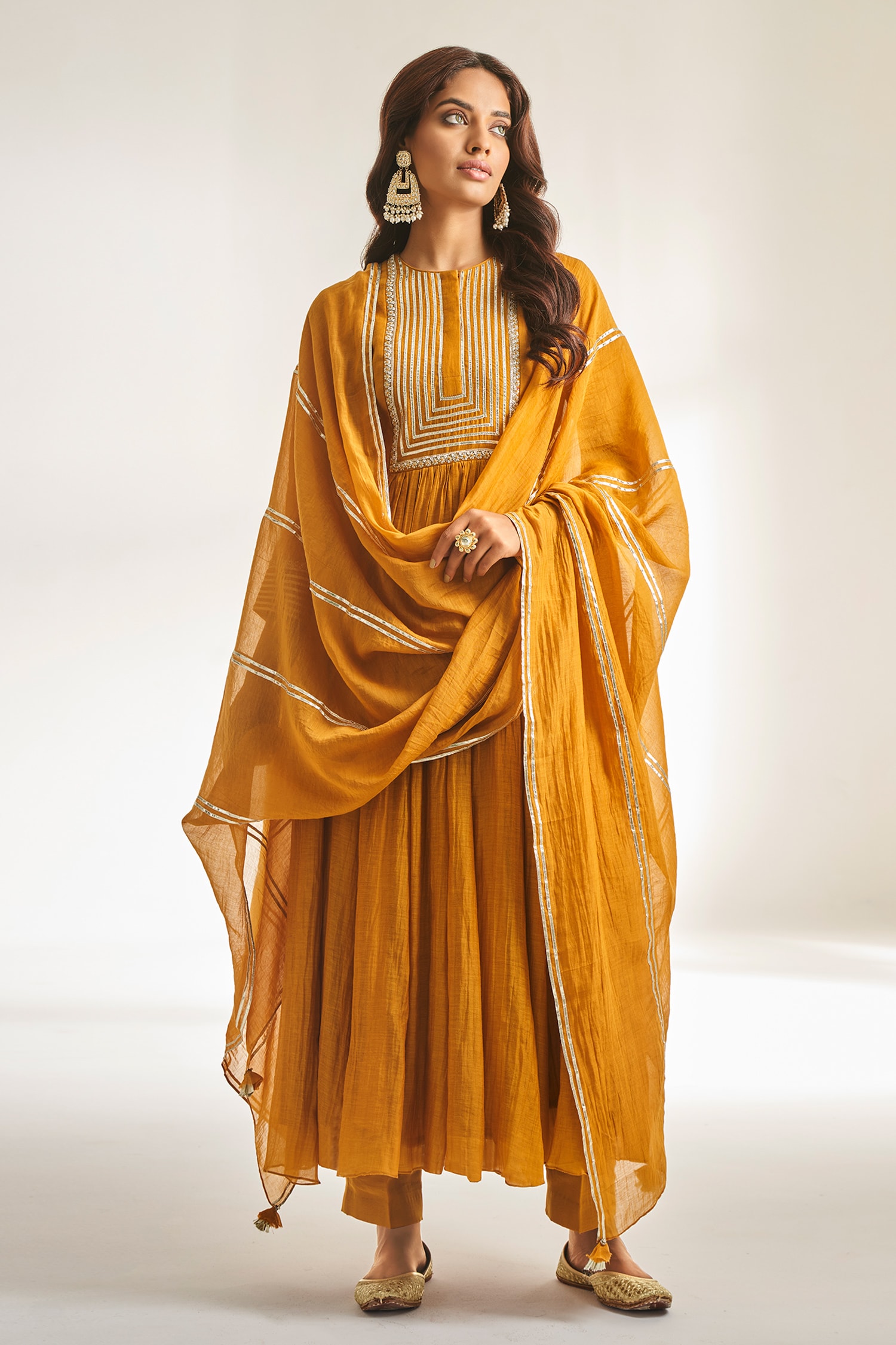 Buy Yellow Soft Chanderi Hand Embroidered Floral Round Yoke Anarkali ...