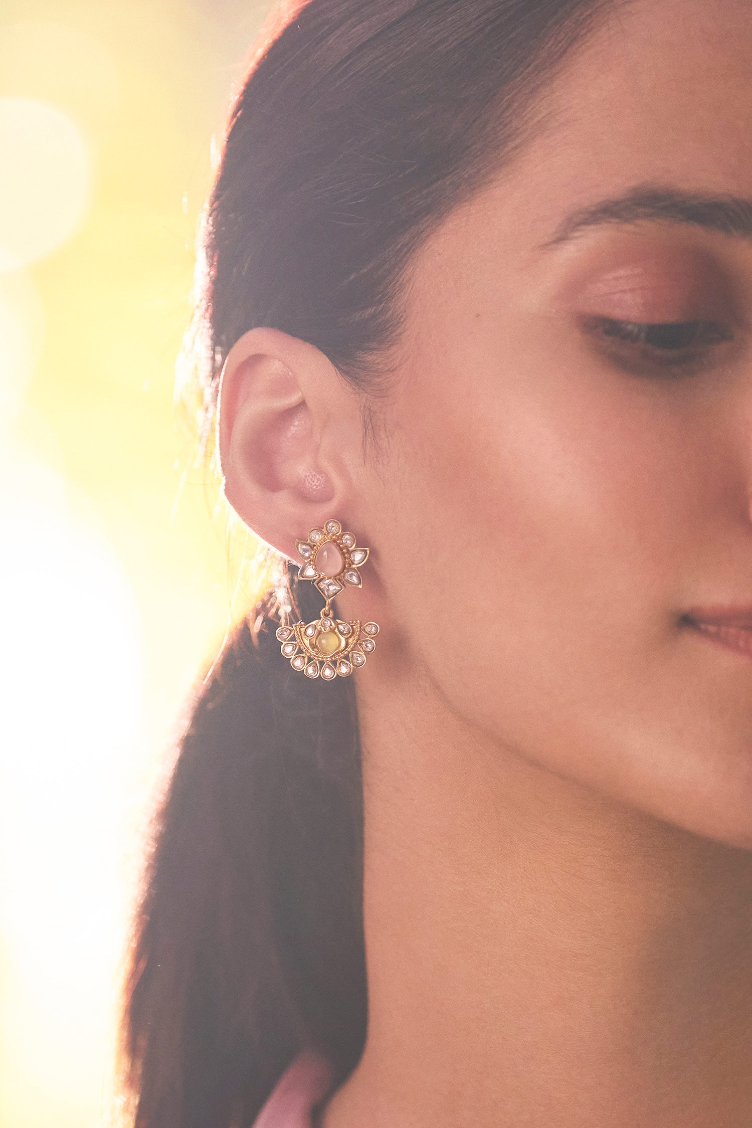 Buy Pink Engineered Stones Gulmohar Moon Embellished Earrings by ...
