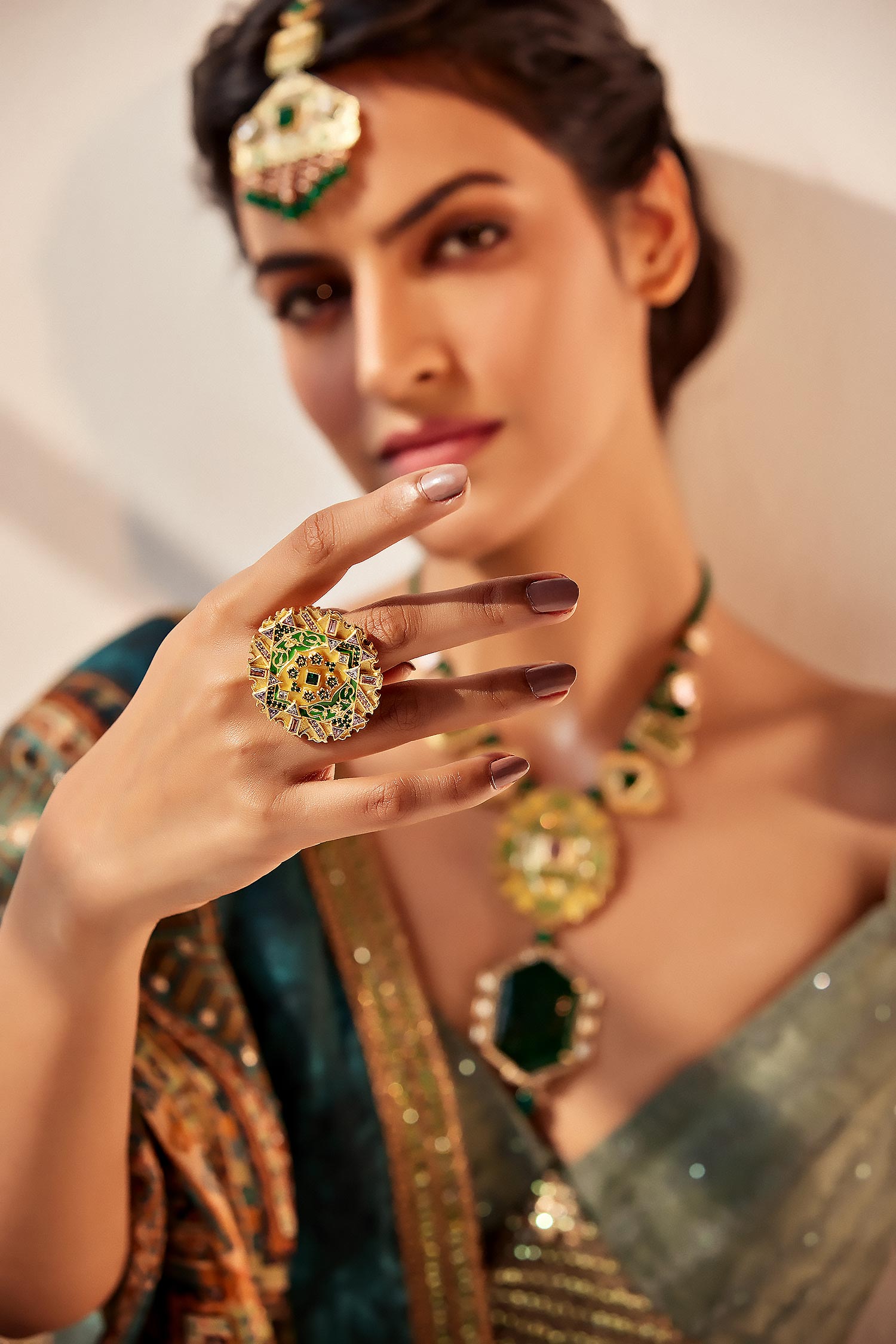 Buy Green Engineered Stones Rumeli Embellished Ring by Aulerth X JJ Valaya Online at Aza Fashions.