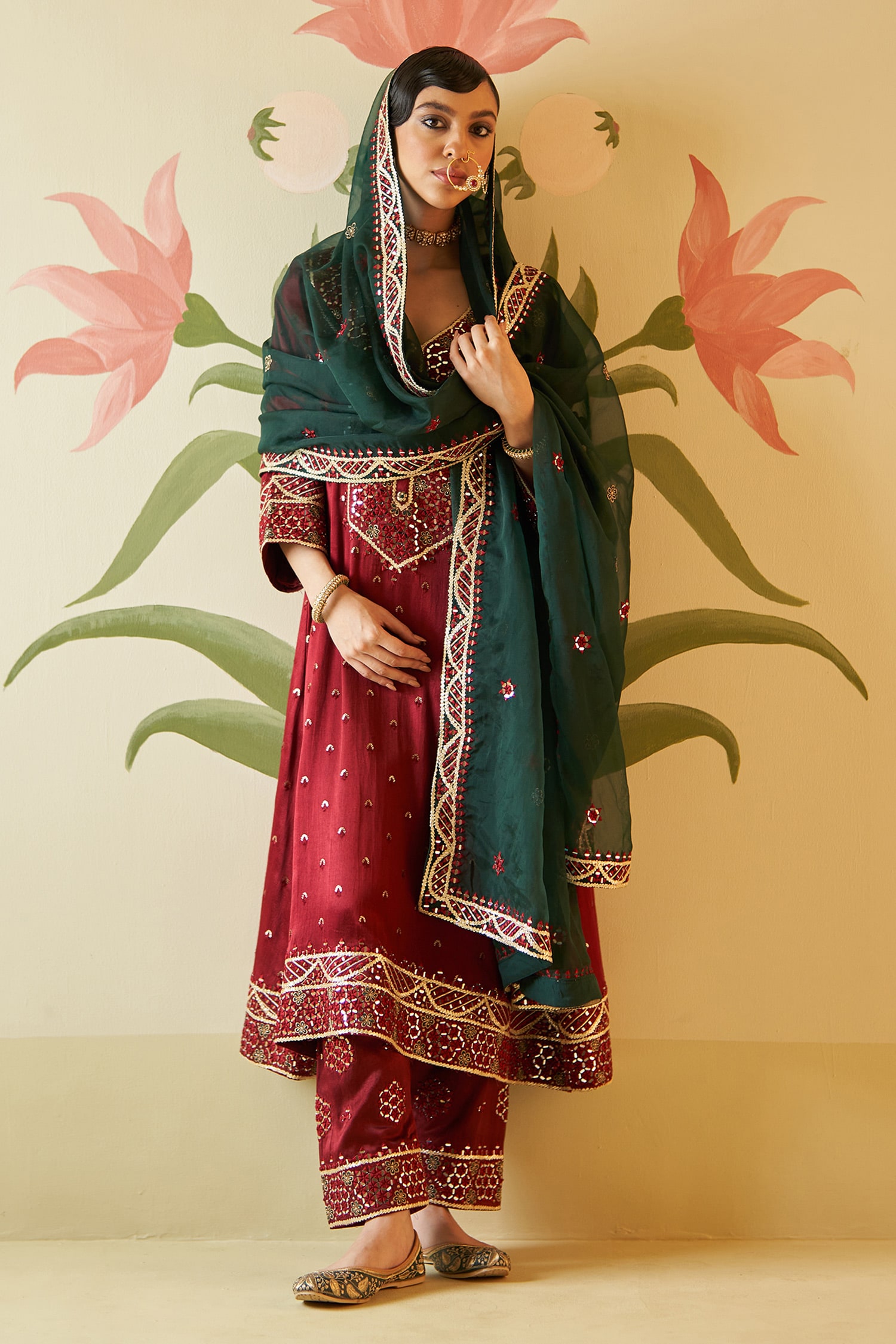 Buy Angad Singh Maroon Satin Silk Zari Embroidered Choga Pant Set ...