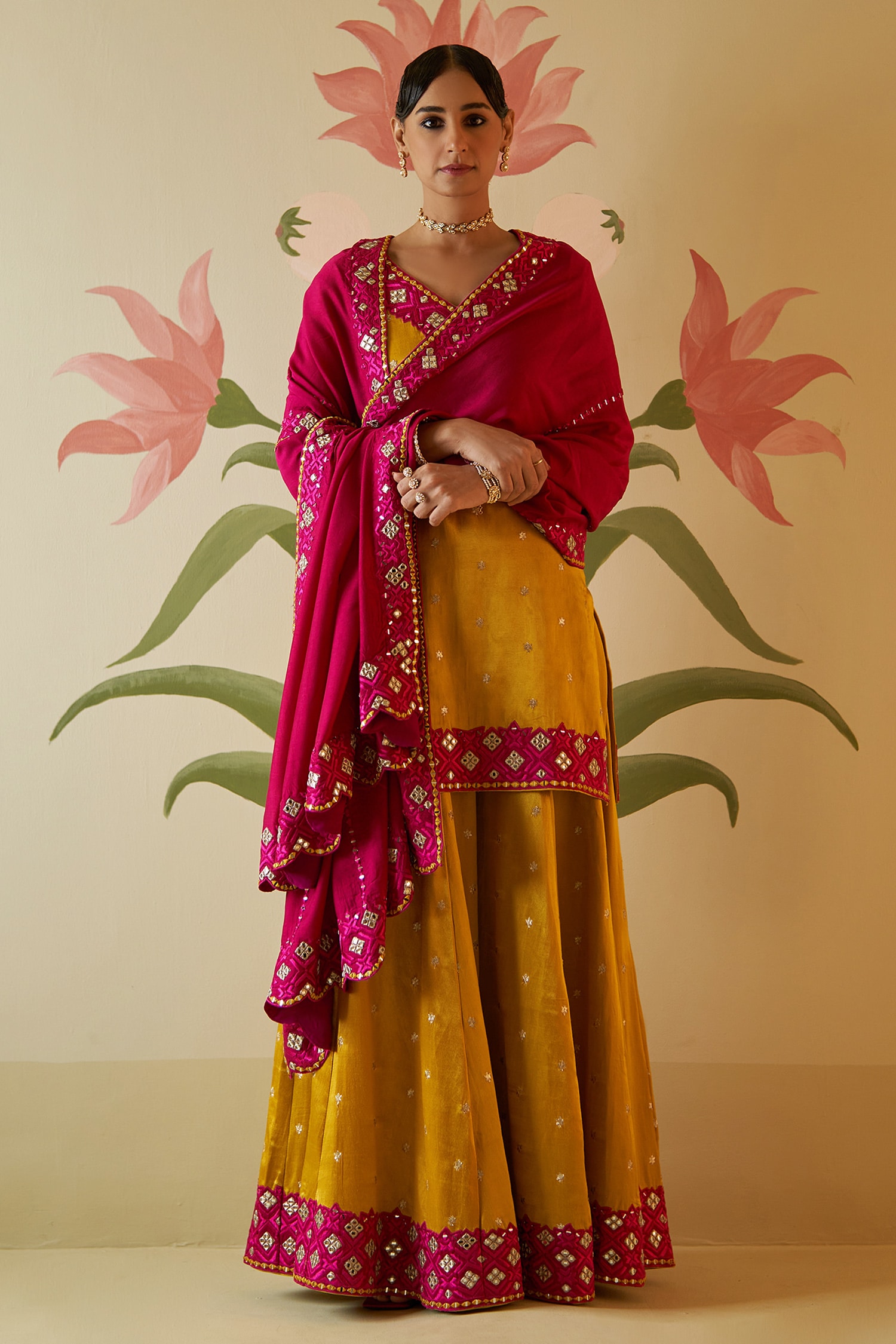 Buy Yellow Satin Silk Embroidered Floral V Neck Resham Kurta Sharara ...