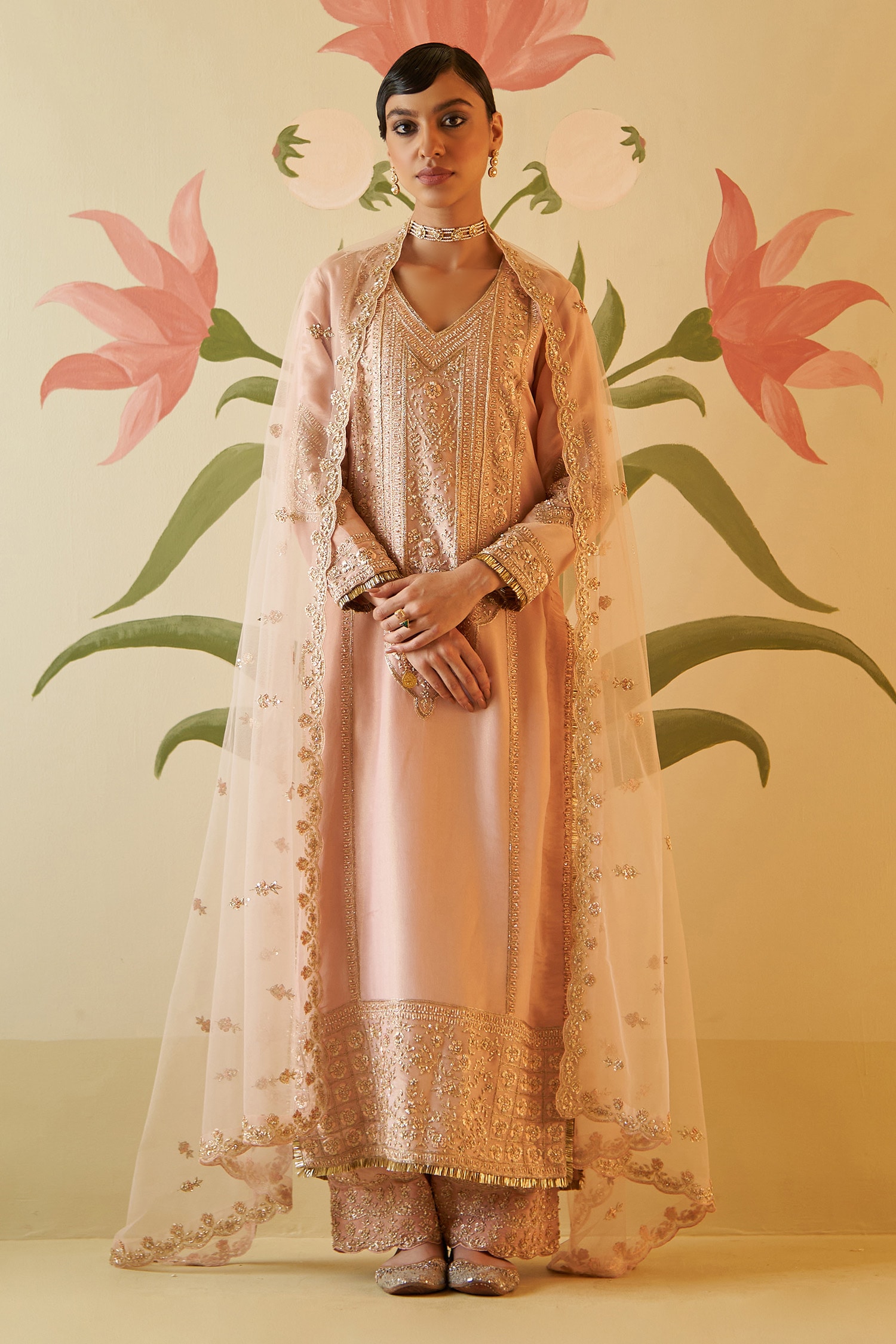 Buy Peach Tissue Embroidery Zardozi V Neck Kurta Pant Set For Women by Angad Singh Online at Aza ...
