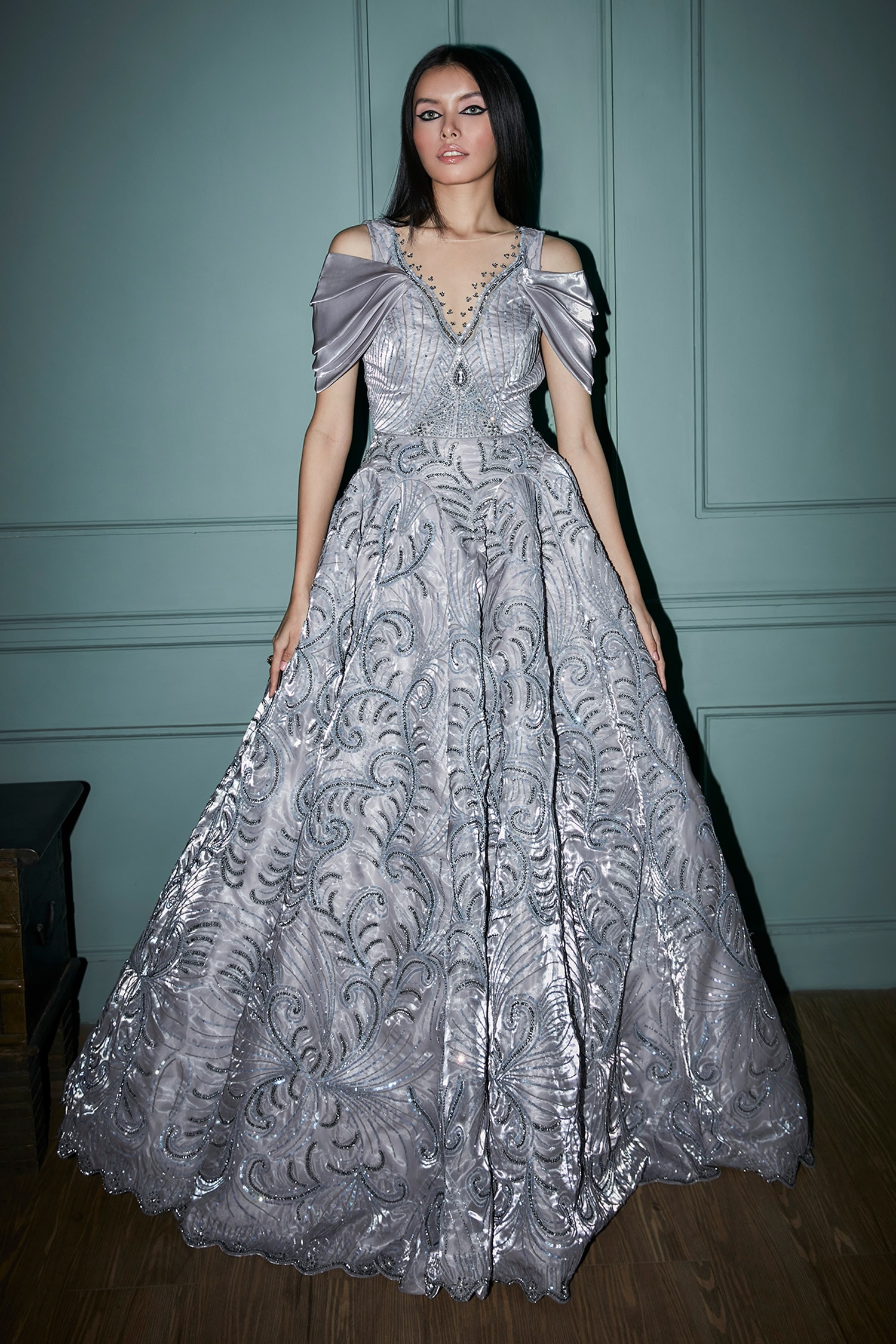 Buy Bindani by Jigar & Nikita Grey Glass Organza Moon Rock Embroidered ...