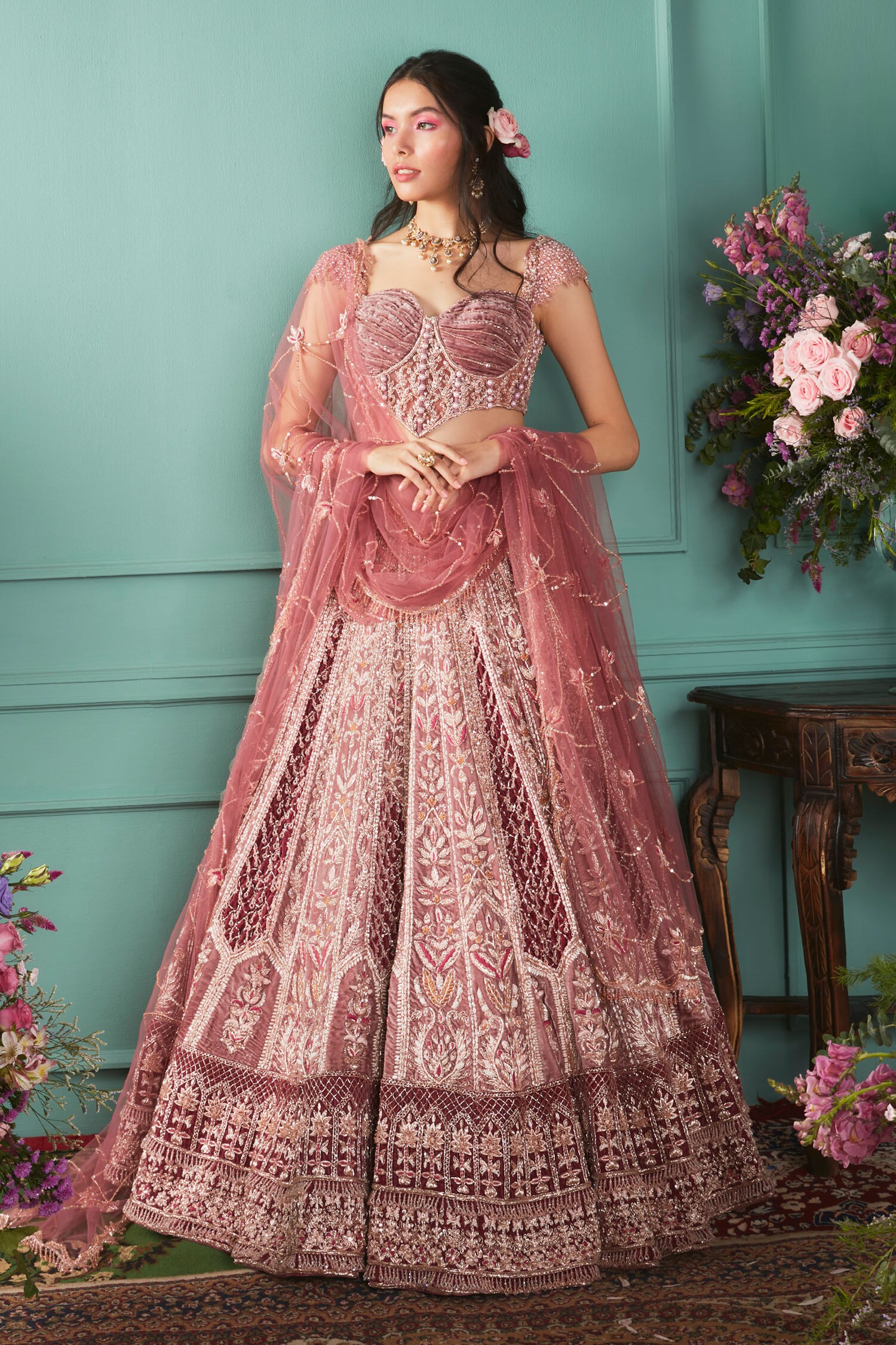 Buy Bindani by Jigar & Nikita Pink Velvet Zardosi Hand Embroidered ...