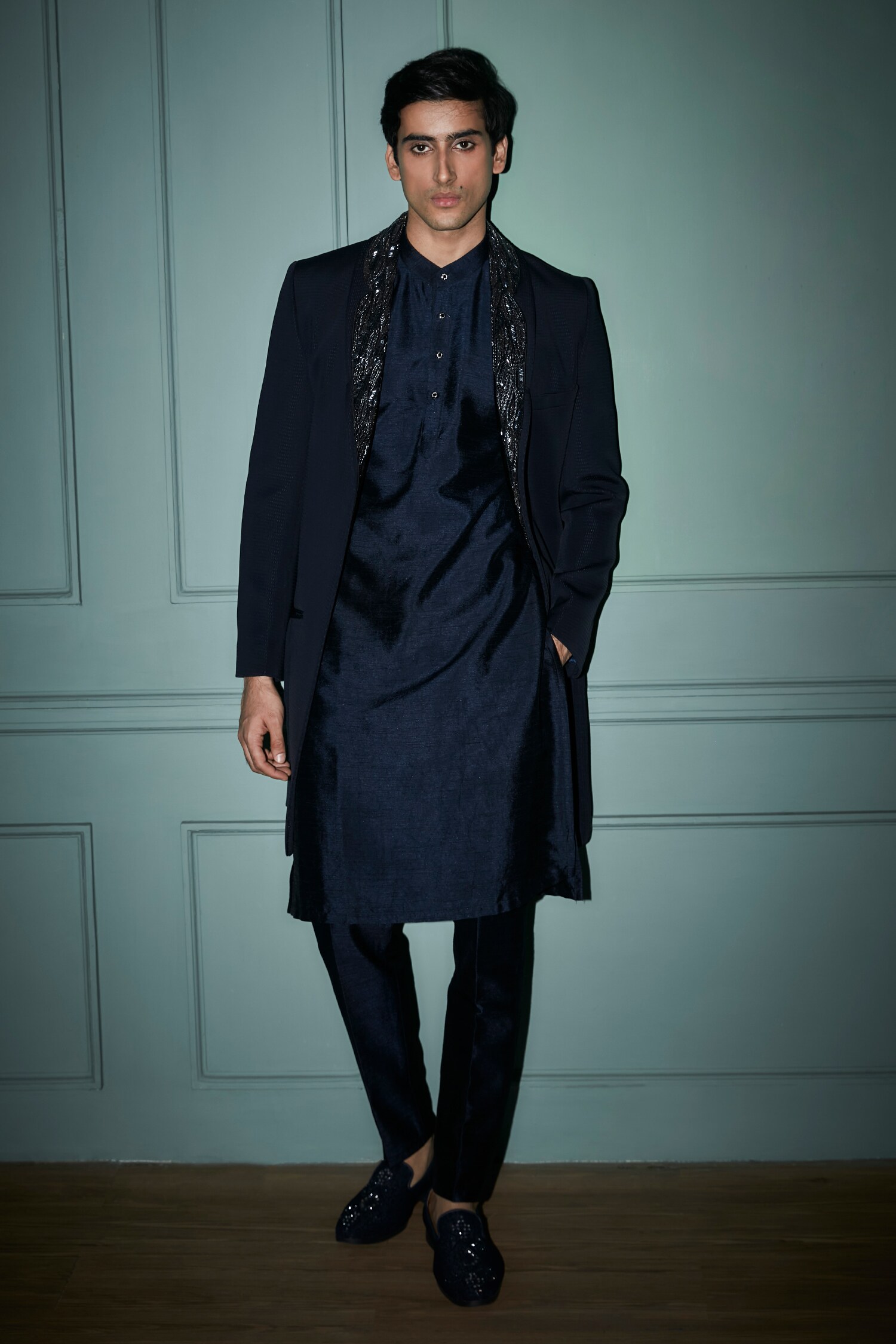 Buy Bindani by Jigar & Nikita Blue Jacket- Embossed Fabric Lapel ...