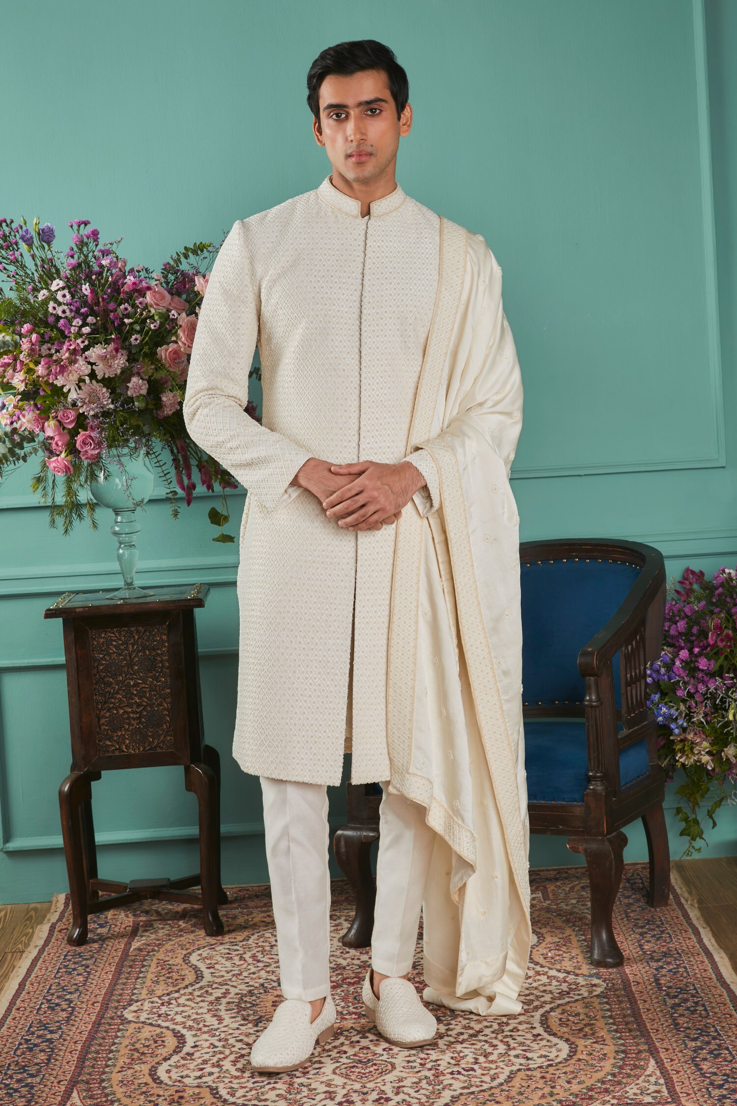 Buy Bindani by Jigar & Nikita White Lucknowi Embroidered Silk Sherwani ...