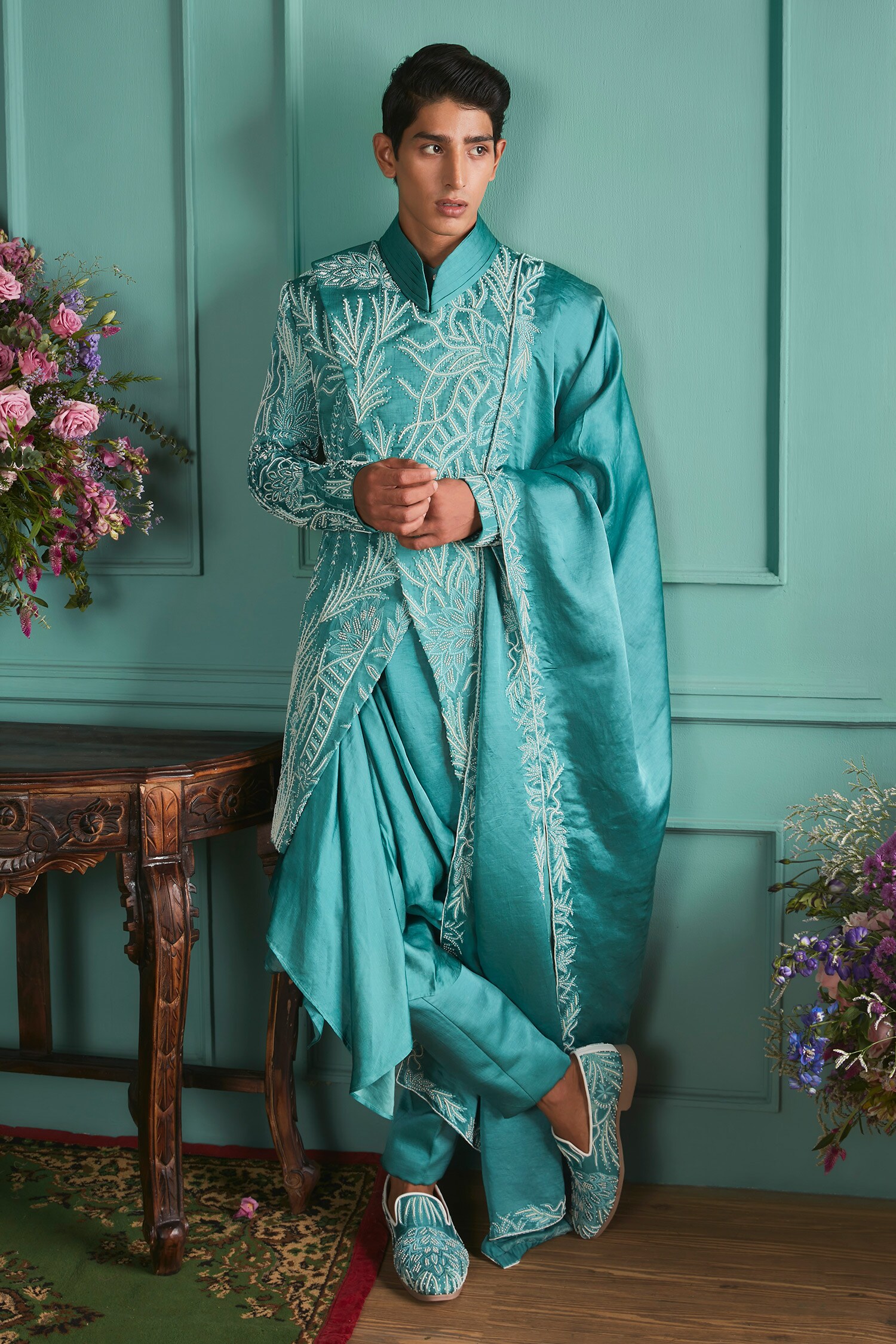 Buy Bindani by Jigar & Nikita Blue Cameo Hand Embroidered Sherwani Set ...