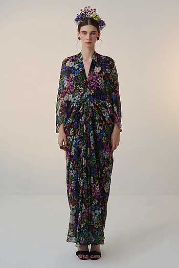 Buy Black Chiffon Dobby Weave Print Floral V Katsu Flower Vine Kaftan ...