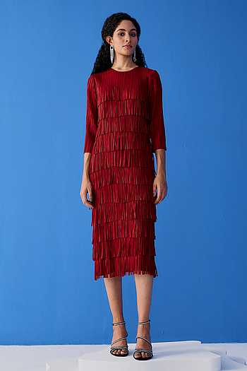 Buy Pleats By Aruni Maroon Polyester Layered Fringe Dress Online | Aza ...