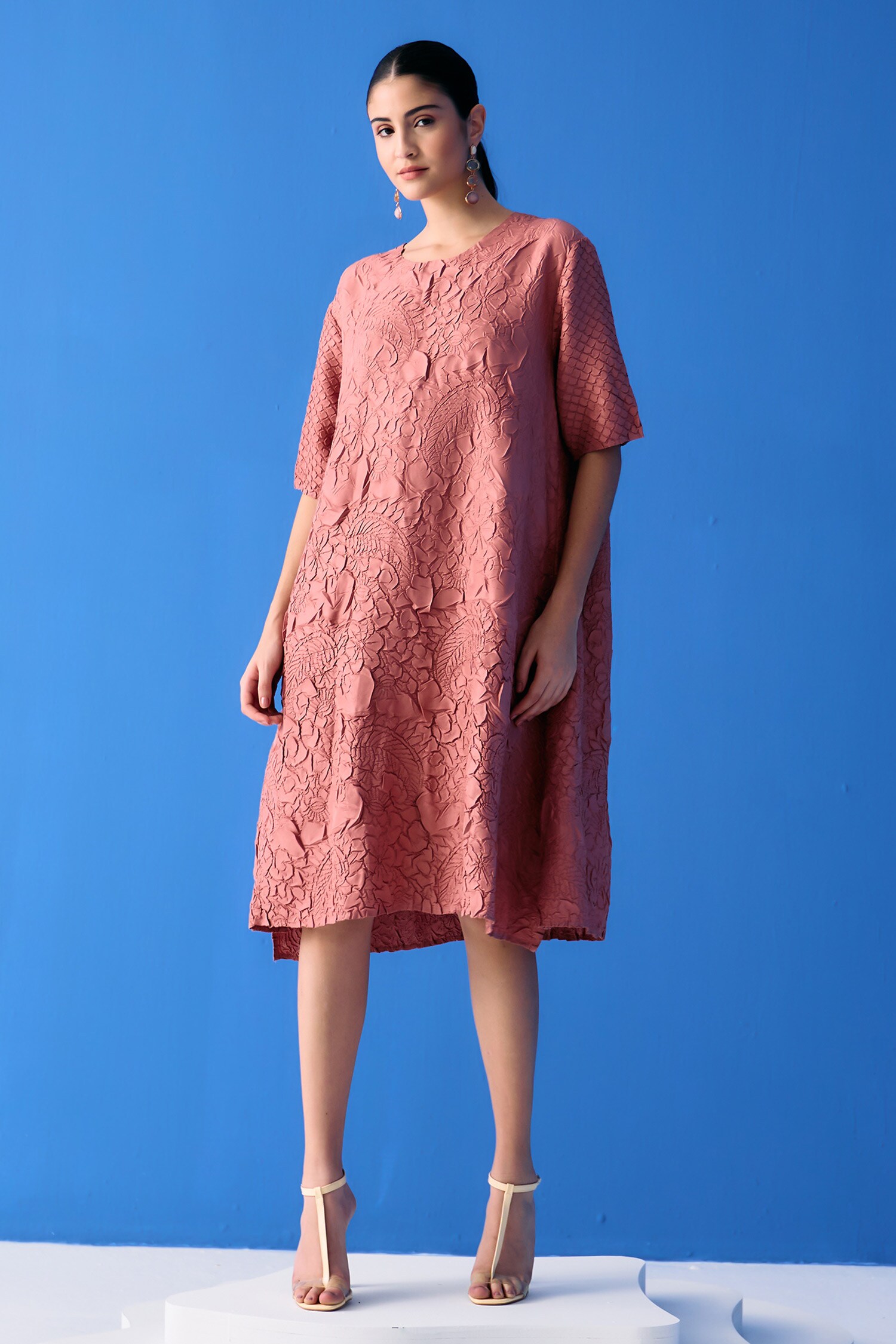 Buy Pleats By Aruni Pink Polyester Flower Textured Midi Dress Online ...