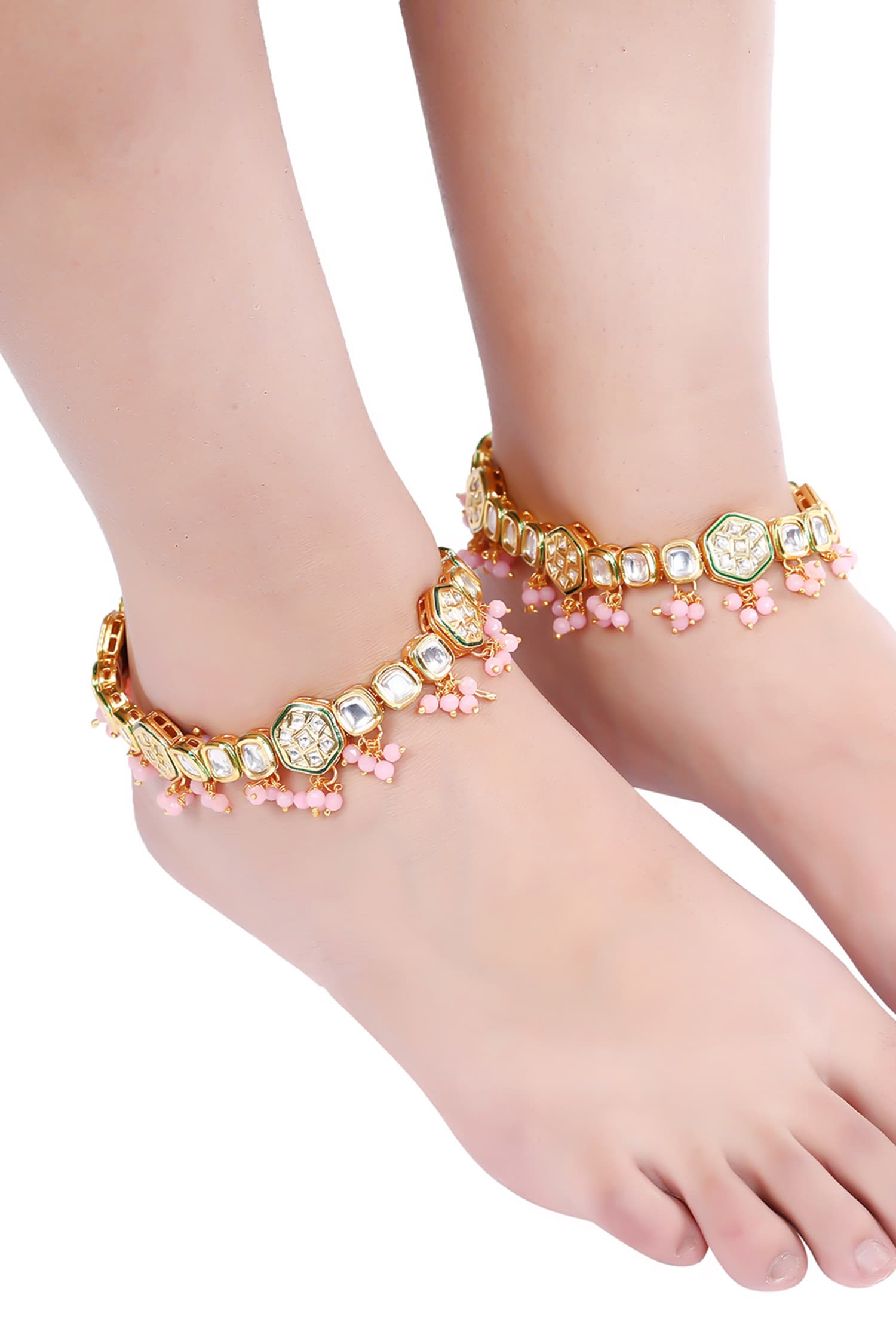 Buy Pink Kundan And Pearl Embellished Pair Of Anklets by Aakarsha by ...